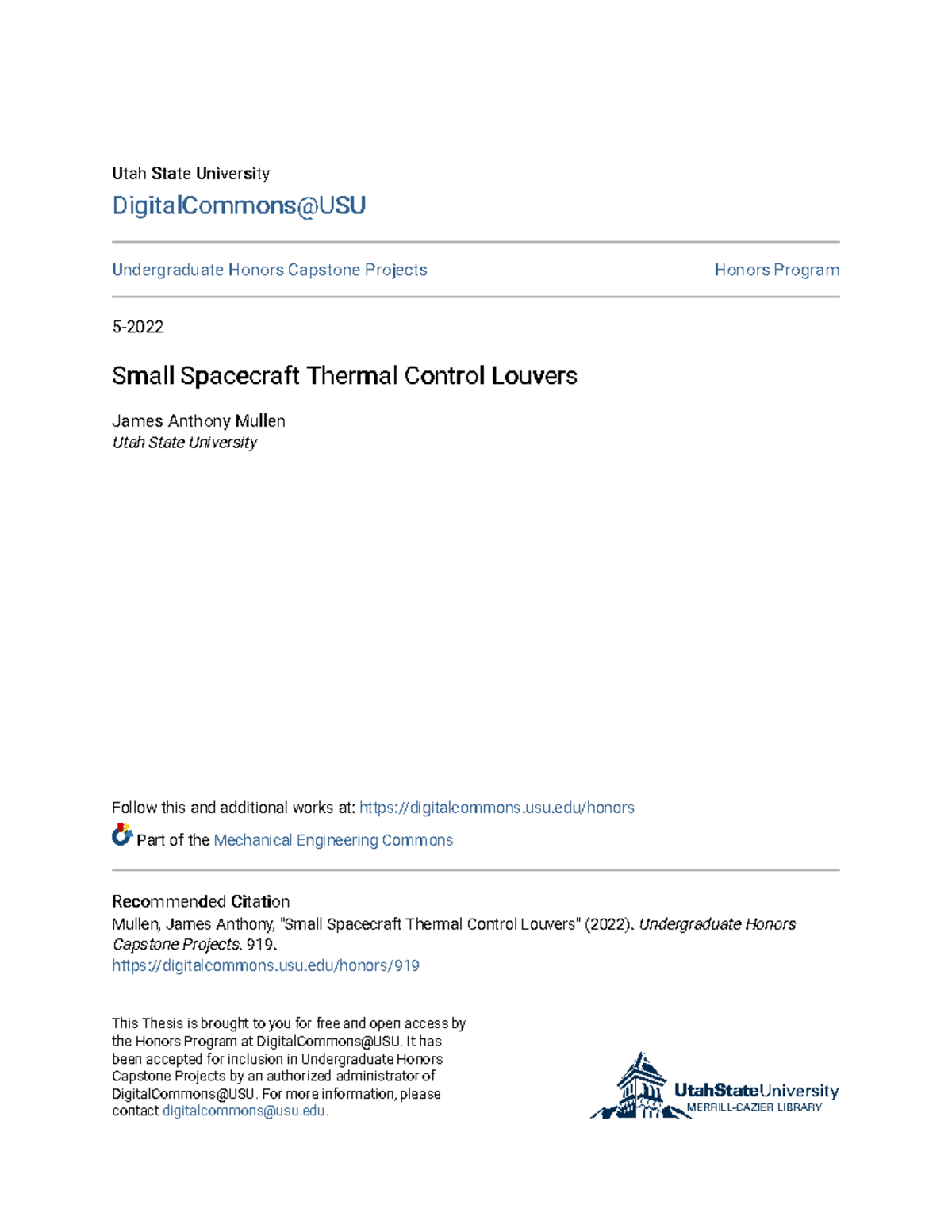 Small Spacecraft Thermal Control Louvers - Utah State UniversityUtah ...