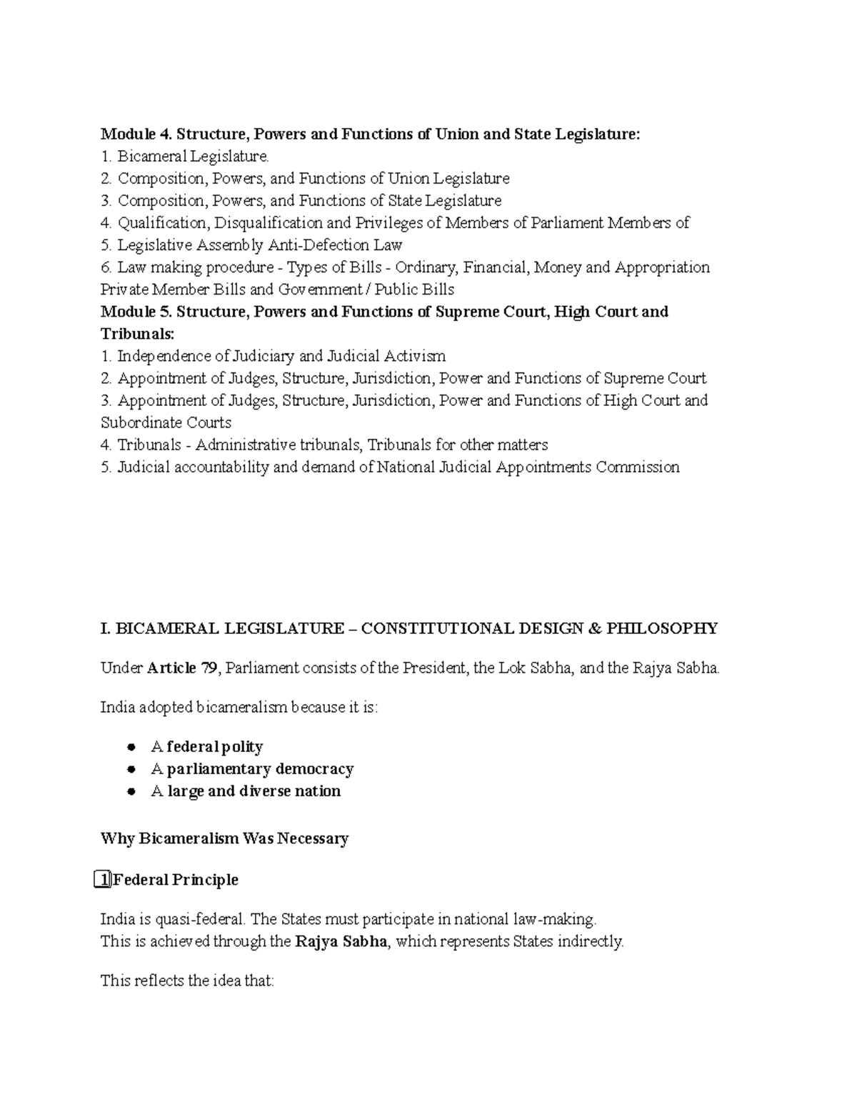 Module 4 & 5: Structure, Powers & Functions of Legislature & Judiciary ...