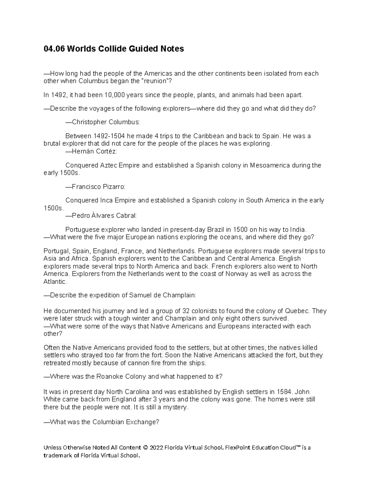 04.06 Guided Notes: Worlds Collide and Exploration Discoveries - Studocu