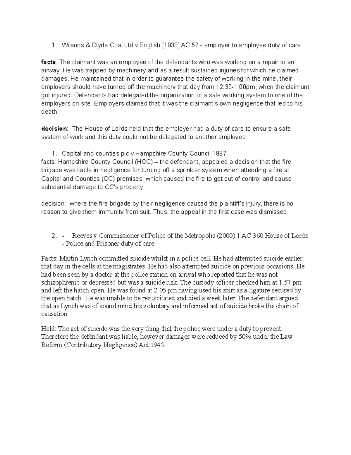 TORT LAW SEM 2 - Problem Questions on Negligence Cases and Duty of Care ...
