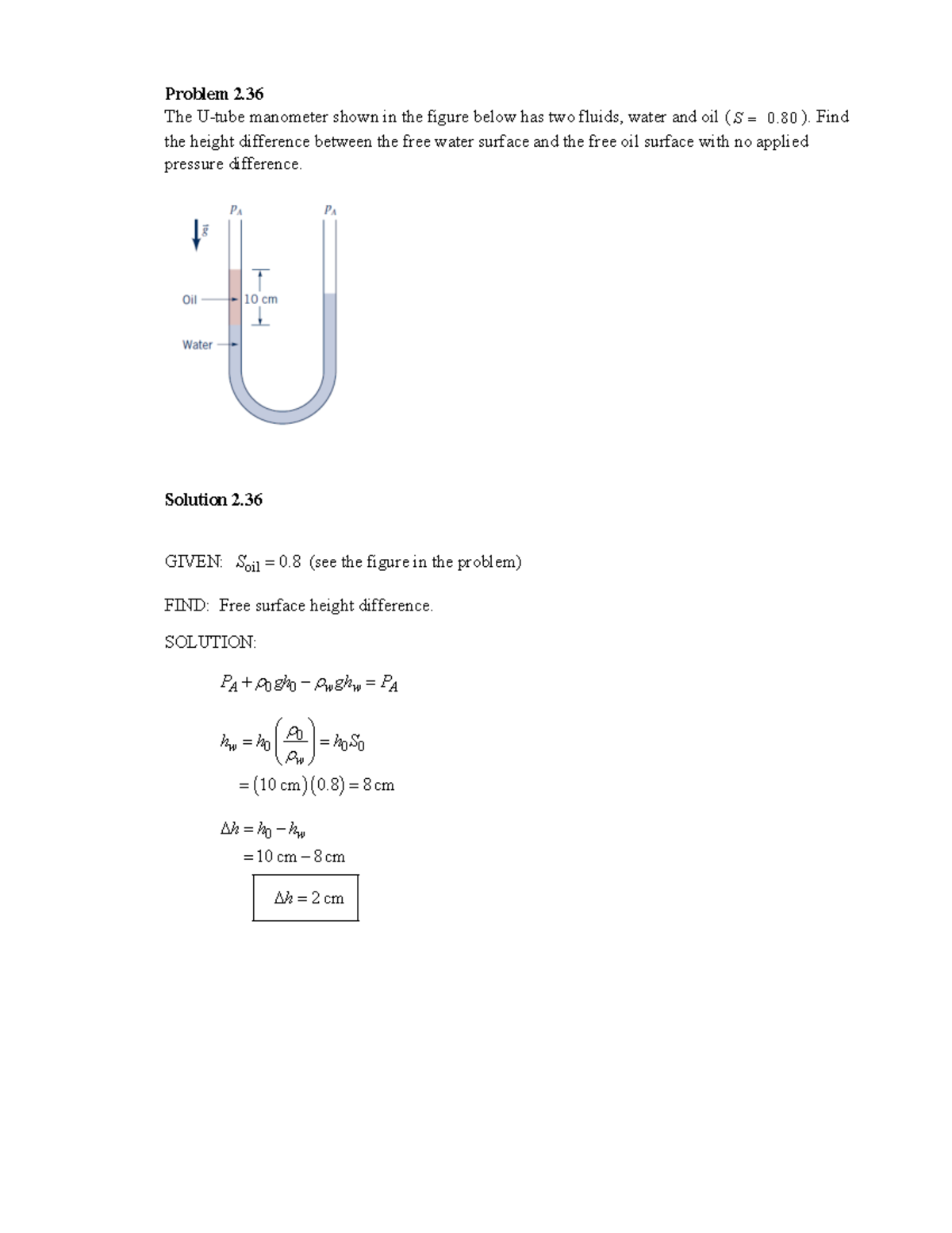 Study problems II solutions - Problem 2 The manometer shown in the ...