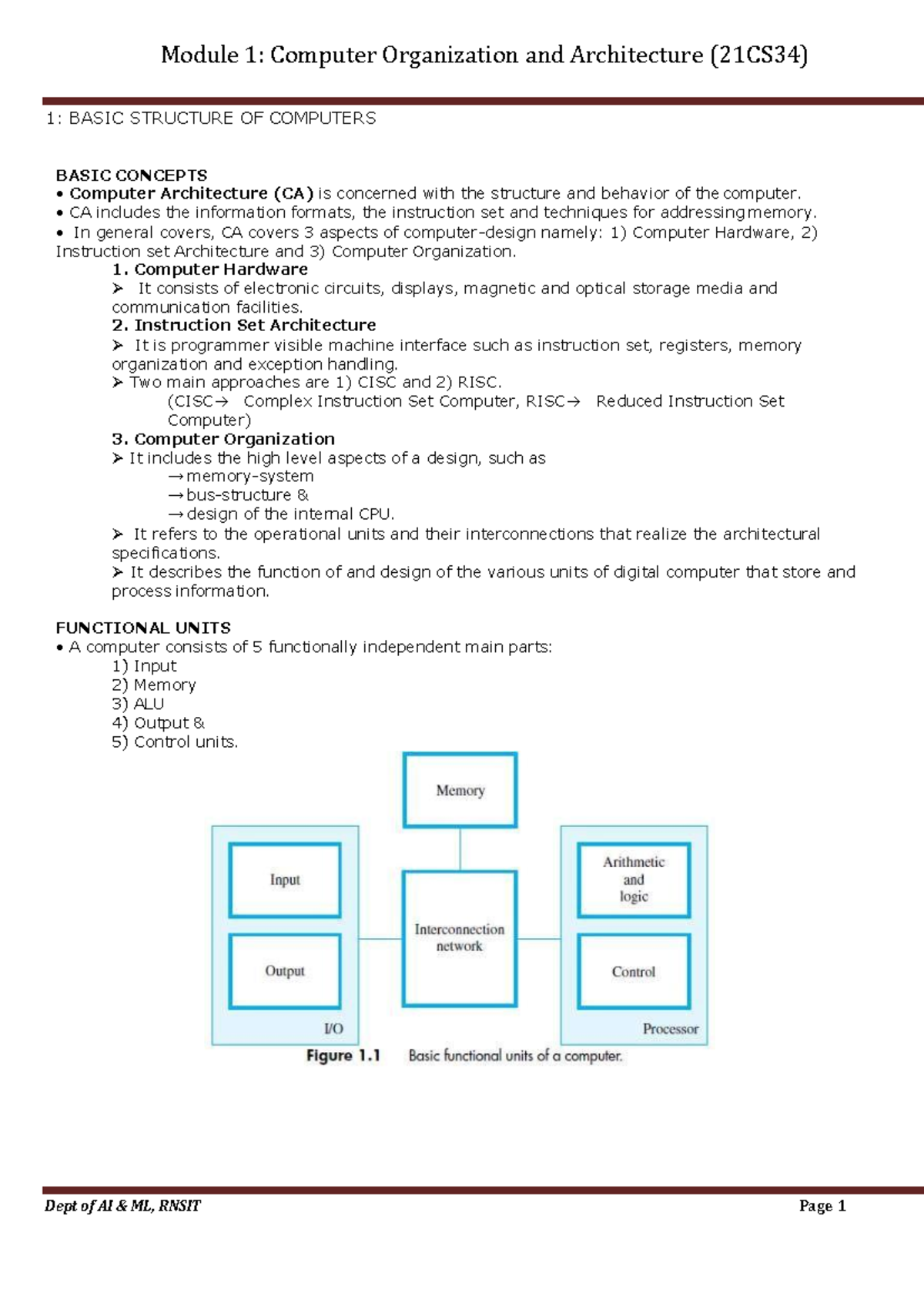 Computer Architecture Module 1 Lecture Notes: Basics & Operational ...