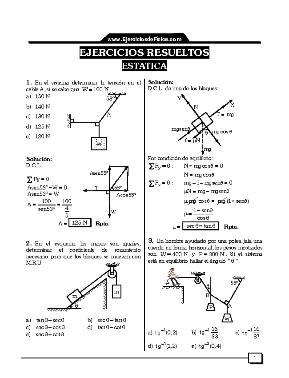 Estática-Ejercicios-Resueltos - EJERCICIOS RESUELTOS ESTATICA 1. En el sistema determinar la ...