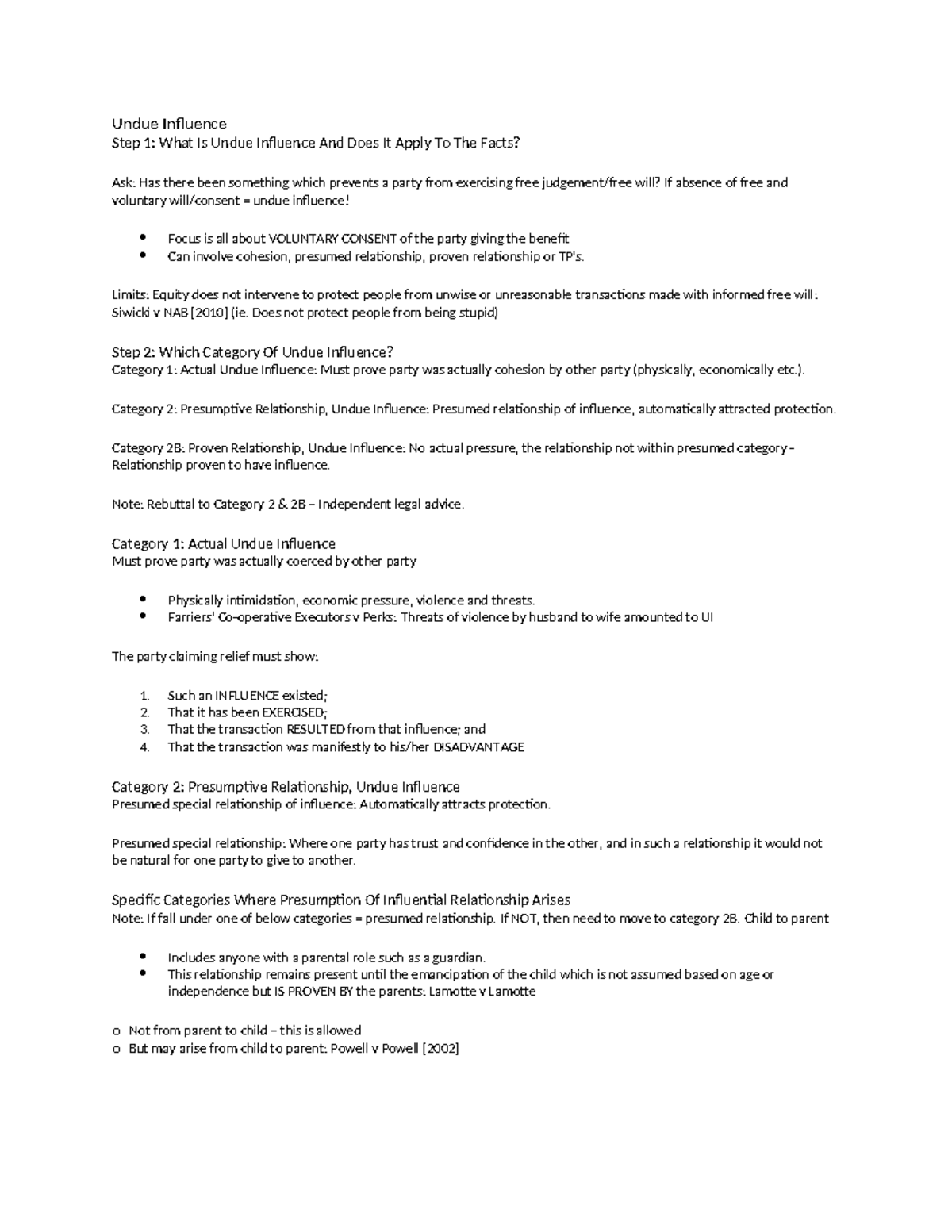 Undue Influence Cheat Sheet: Understanding Categories & Consent - Studocu