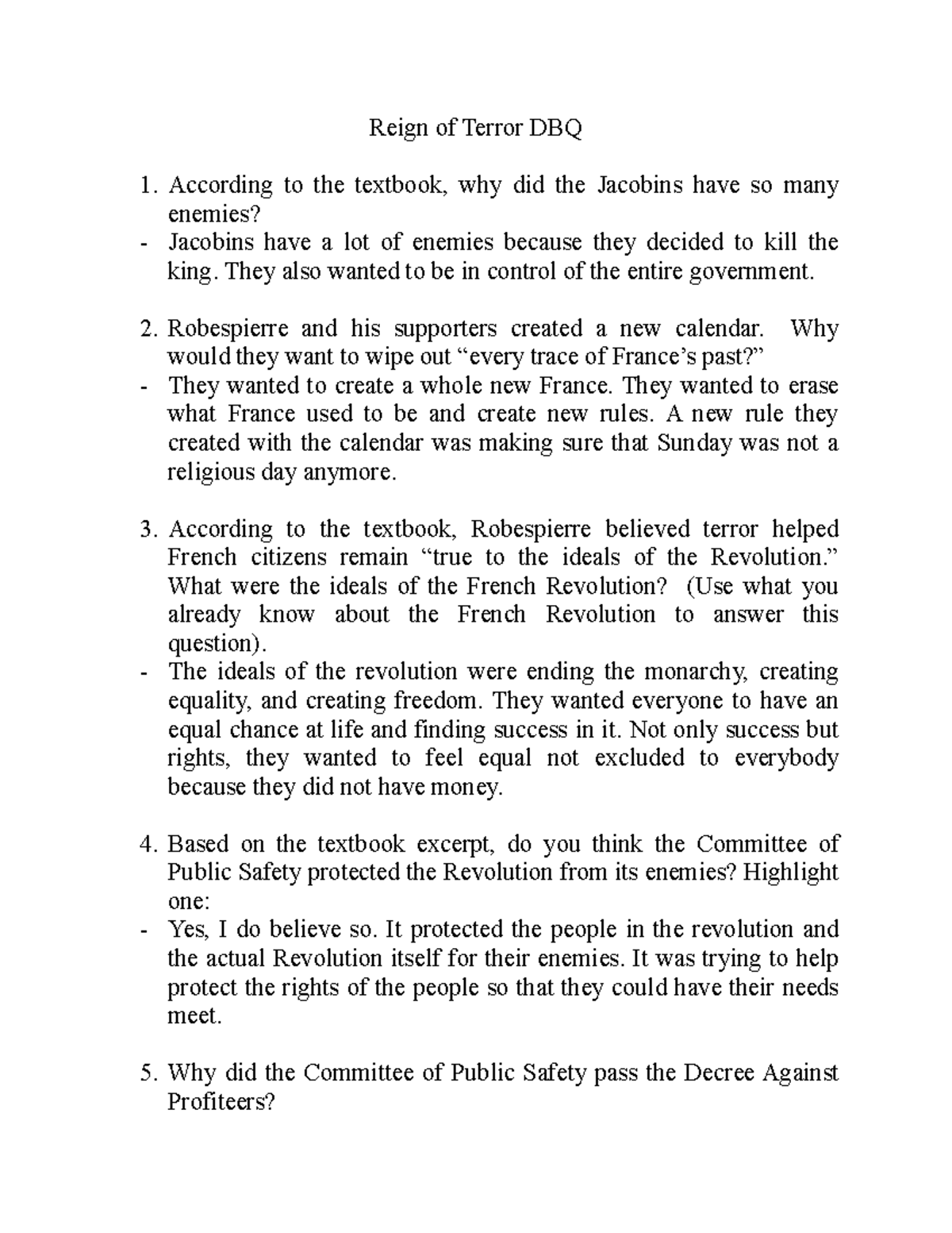 Reign of Terror DBQ Analysis for History Class (HIST 101) - Studocu