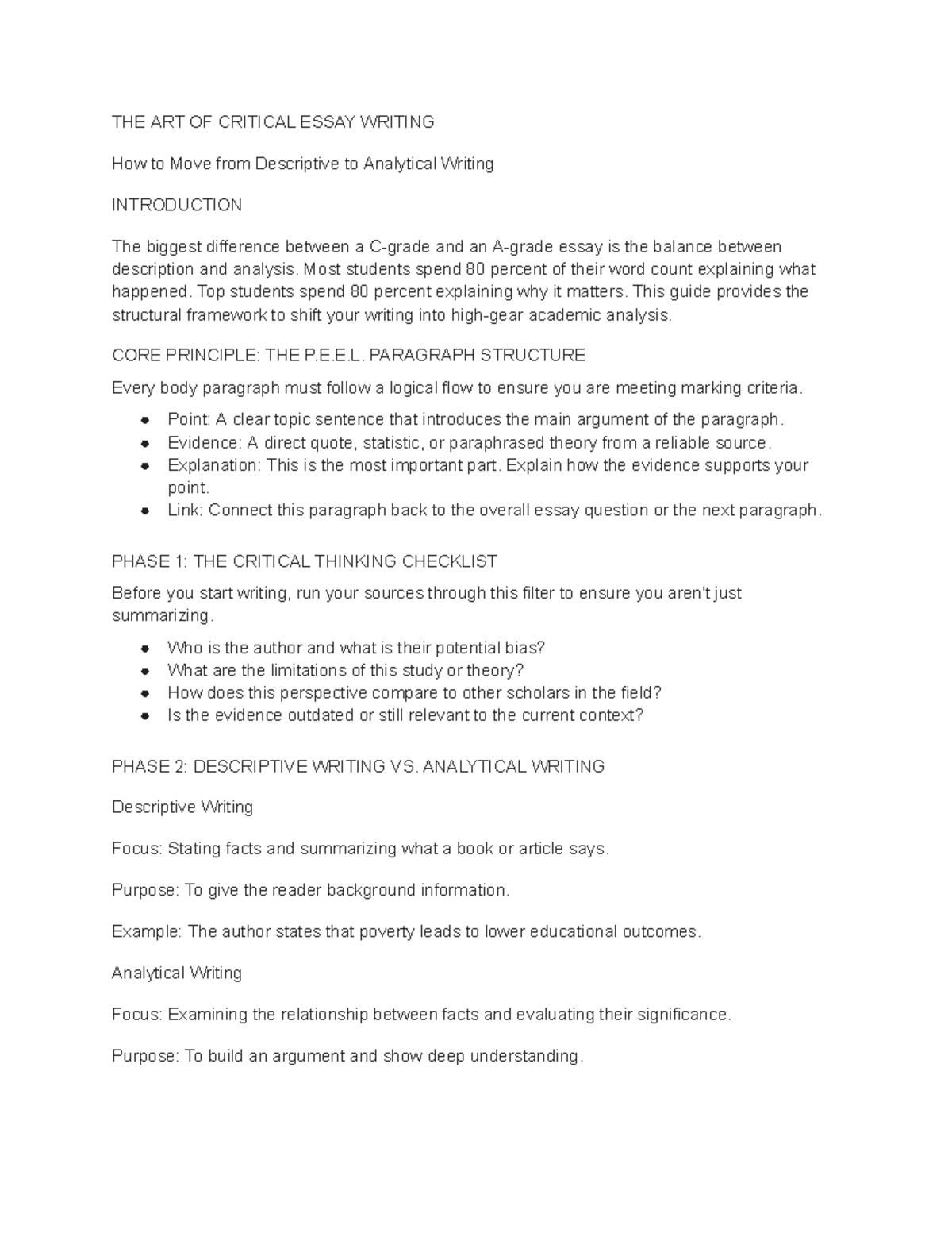 Critical Essay Writing Guide: From Descriptive to Analytical - Studocu