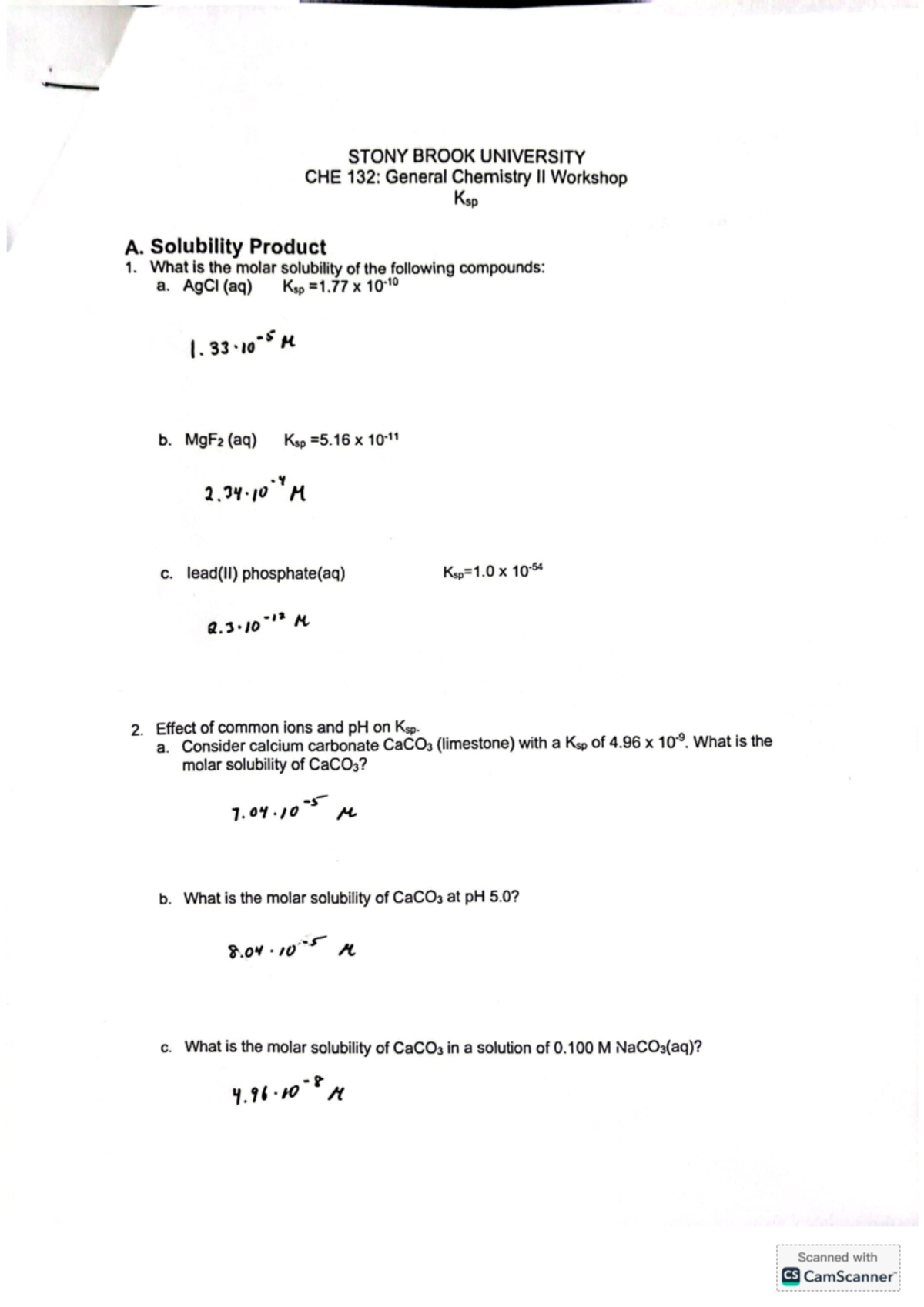 Ksp CHE worksheet - STONY BROOK UNIVERSITY CHE 132: General Chemistry ...