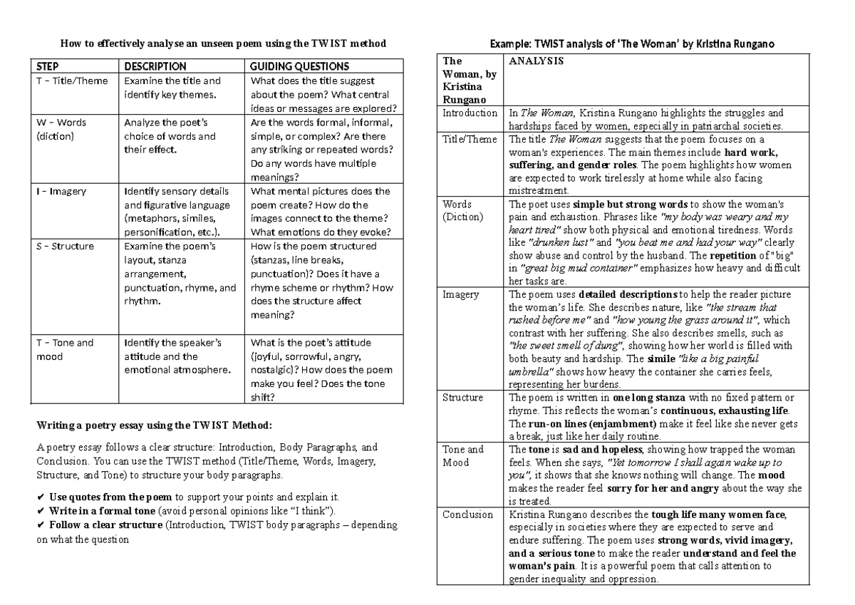 Analyzing Unseen Poems with the TWIST Method: A Guide - Studocu