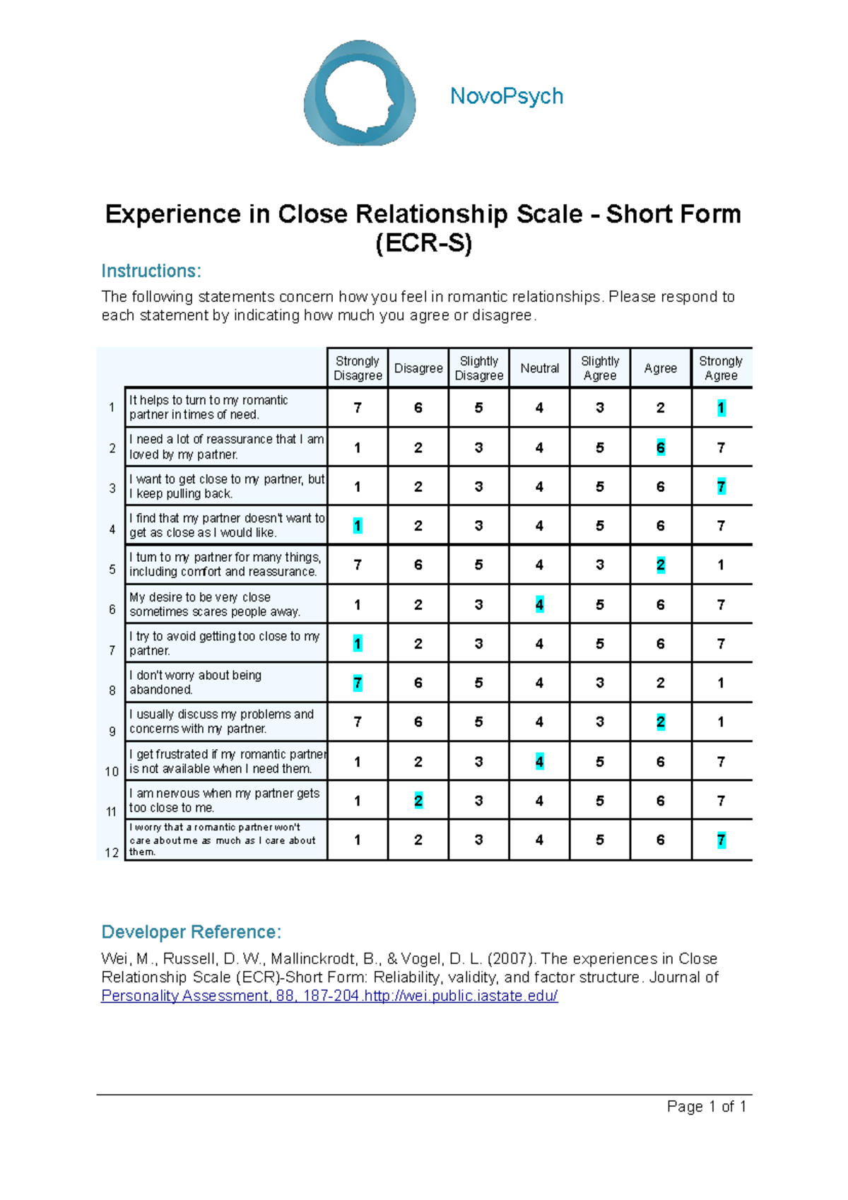 Experience in Close Relationship Scale (ECR-S) Instructions & Items ...