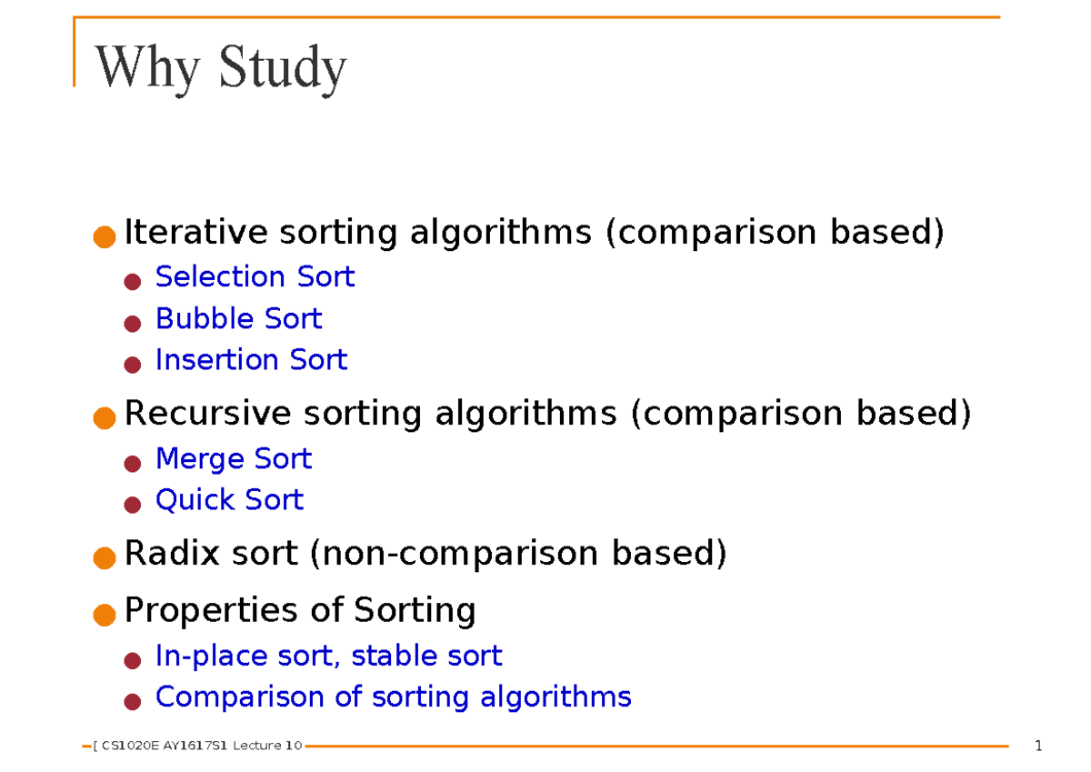 CS1020E AY1617S1 Lecture 10: Understanding Sorting Algorithms - Studocu