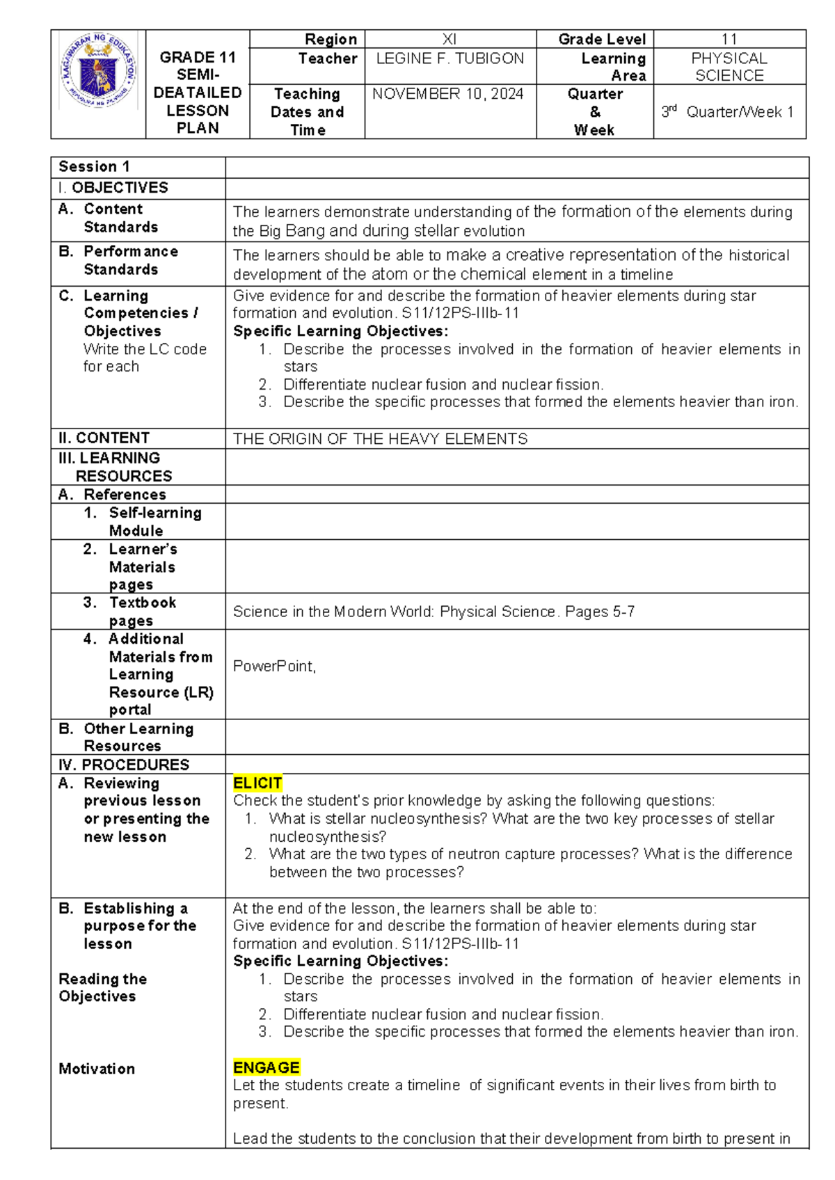 W1 Lesson 2 - GRADE 11 SEMI- DEATAILED LESSON PLAN Region XI Grade ...