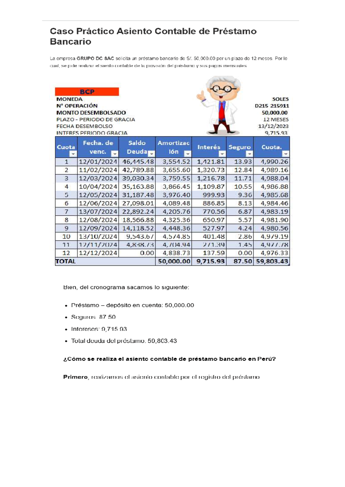 Caso Práctico: Asiento Contable de Préstamo Bancario - GRUPO DC SAC - Studocu