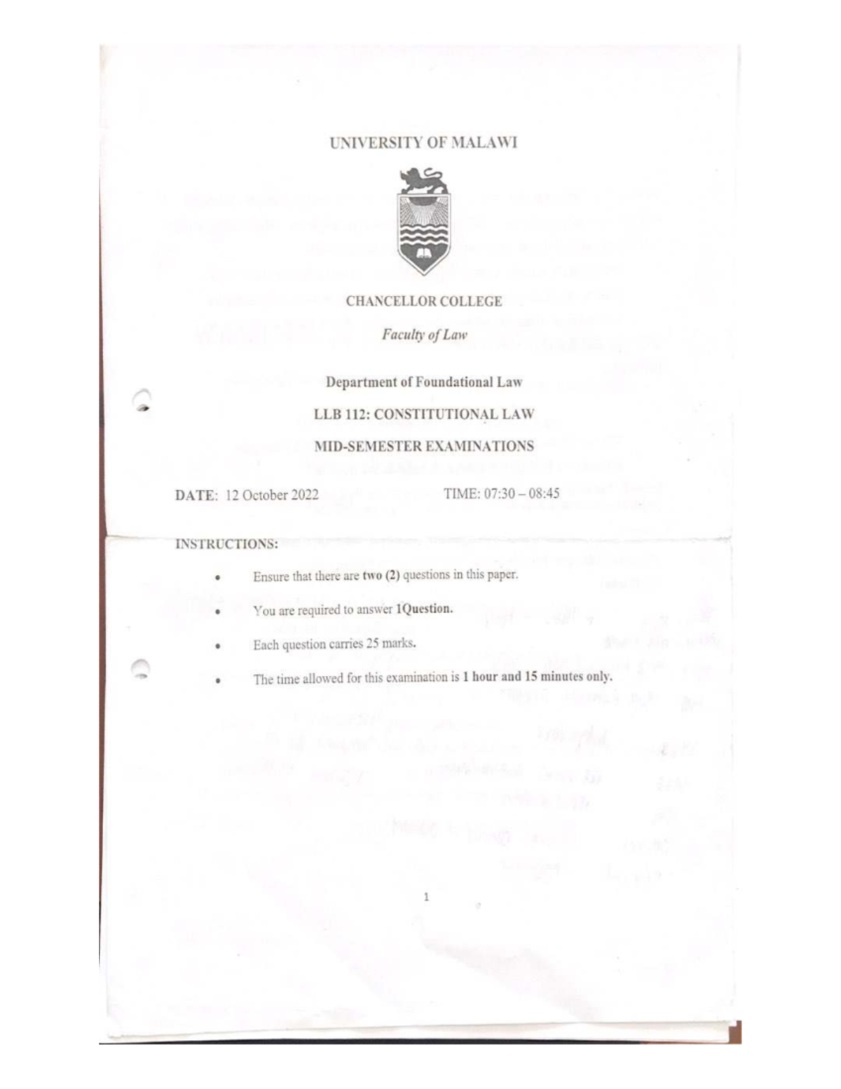 LLB 112: Constitutional Law Exam Papers - January 2024 - Studocu