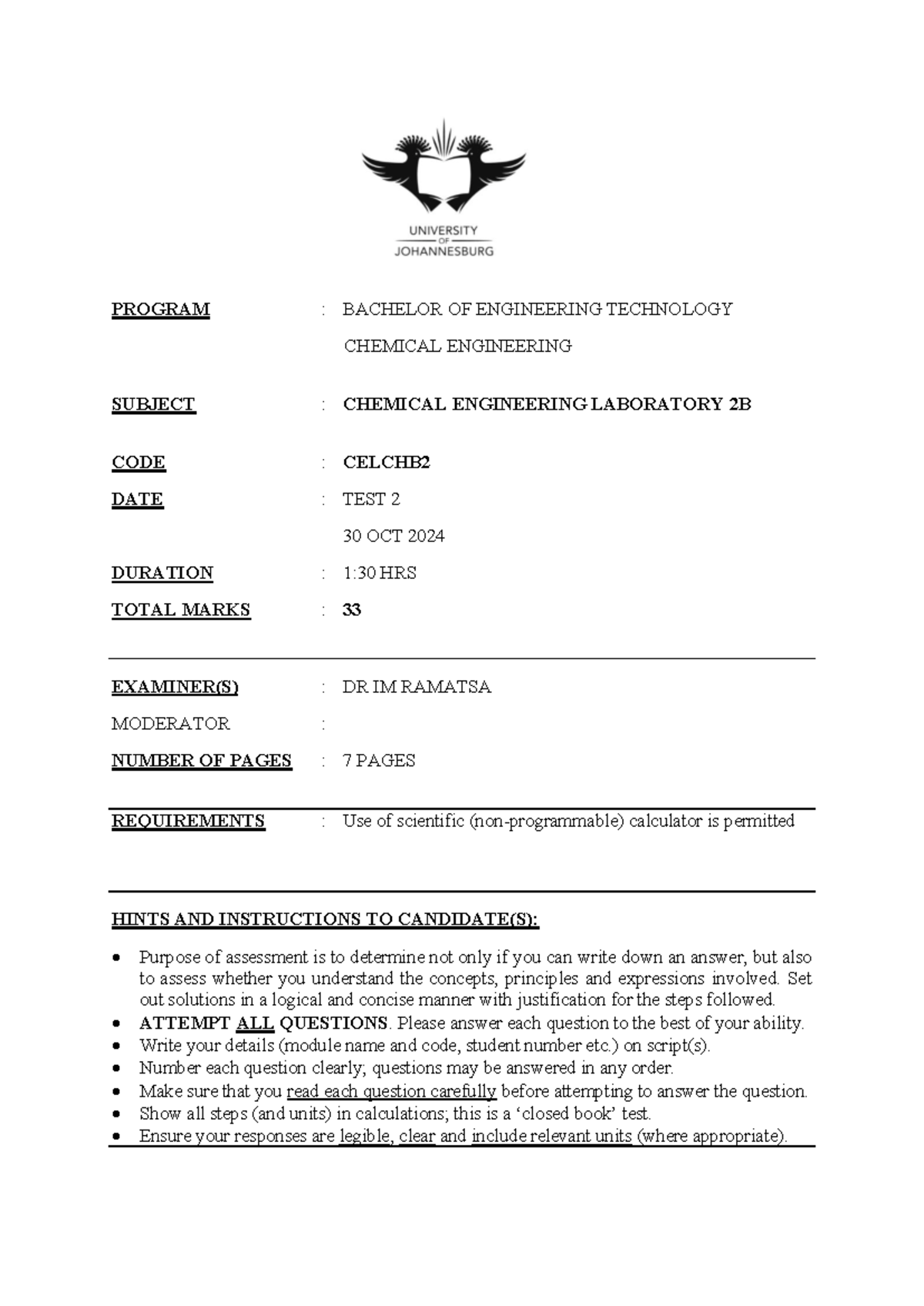Chemical Engineering Laboratory 2B (CELCHB2) Test 2 Memo - 2024 - Studocu