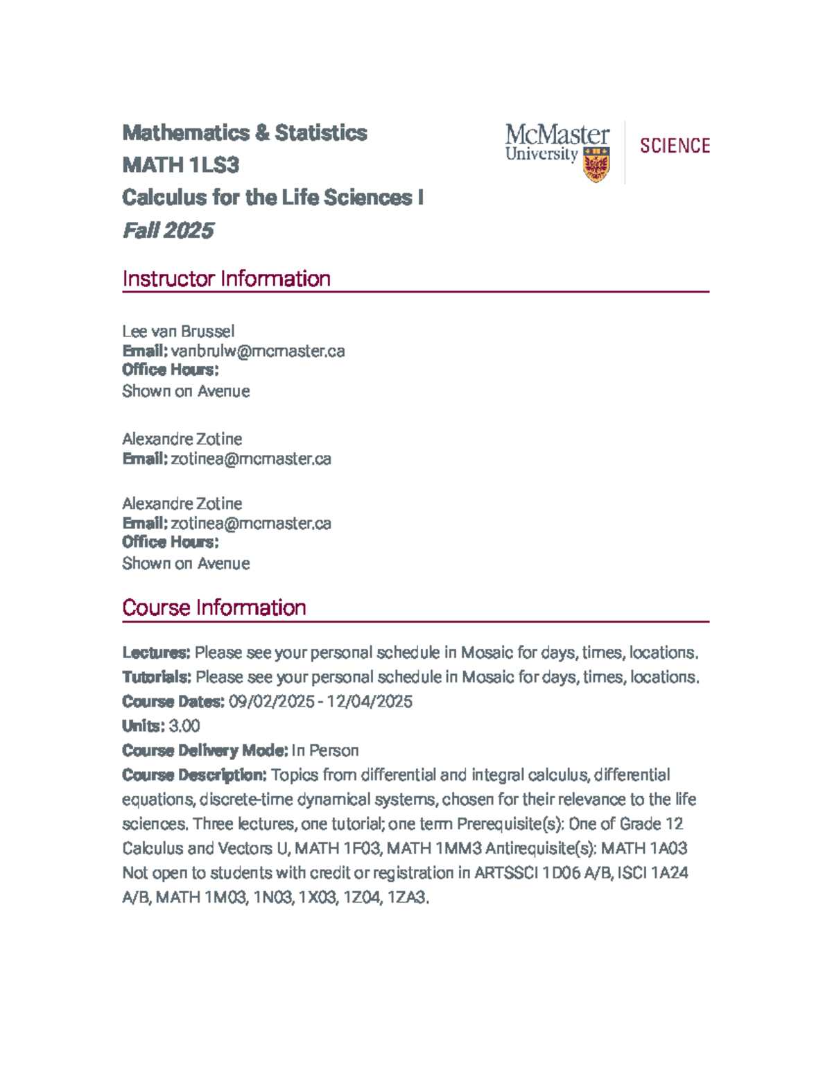 MATH 1LS3 C03 Calculus for Life Sciences I - Simple Syllabus Fall 2025 ...