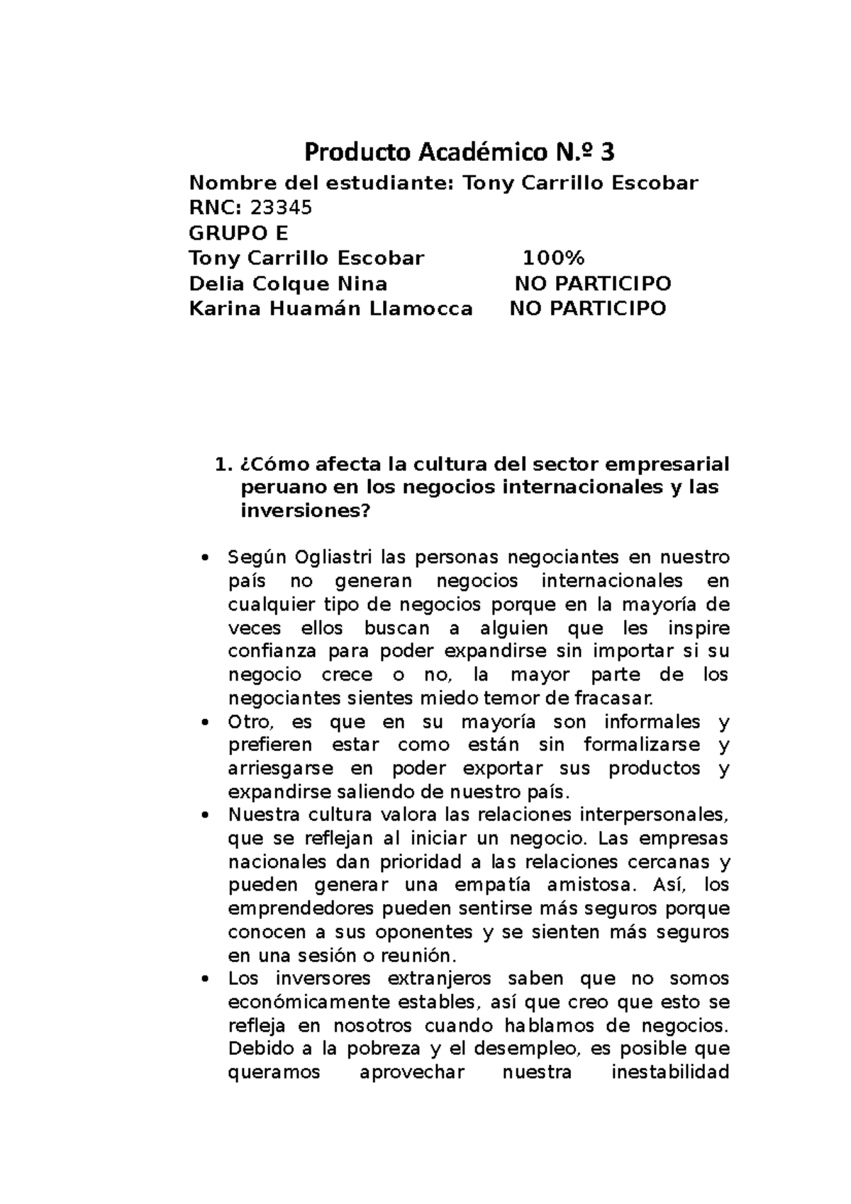 Producto Academico 3 - preparacion - Producto Académico N.º 3 Nombre del estudiante: Tony ...