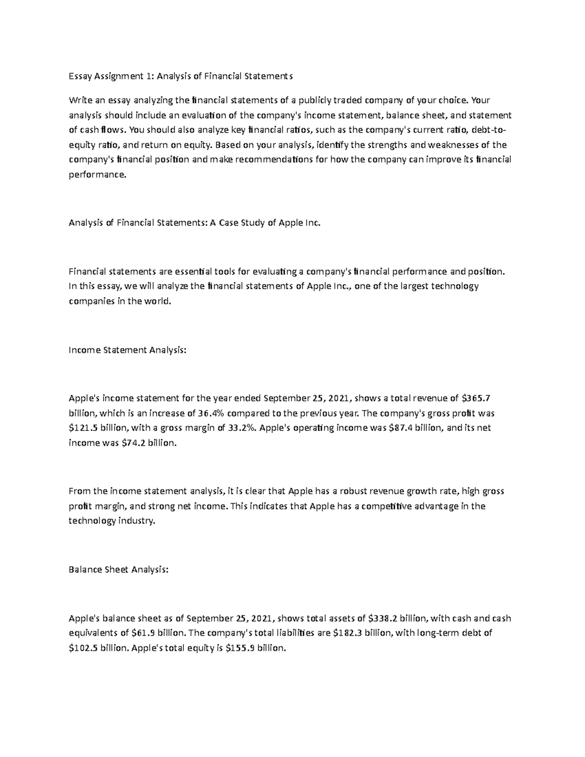Unit 1 Essay Assignment 1: Analyzing Apple's Financial Statements - Studocu