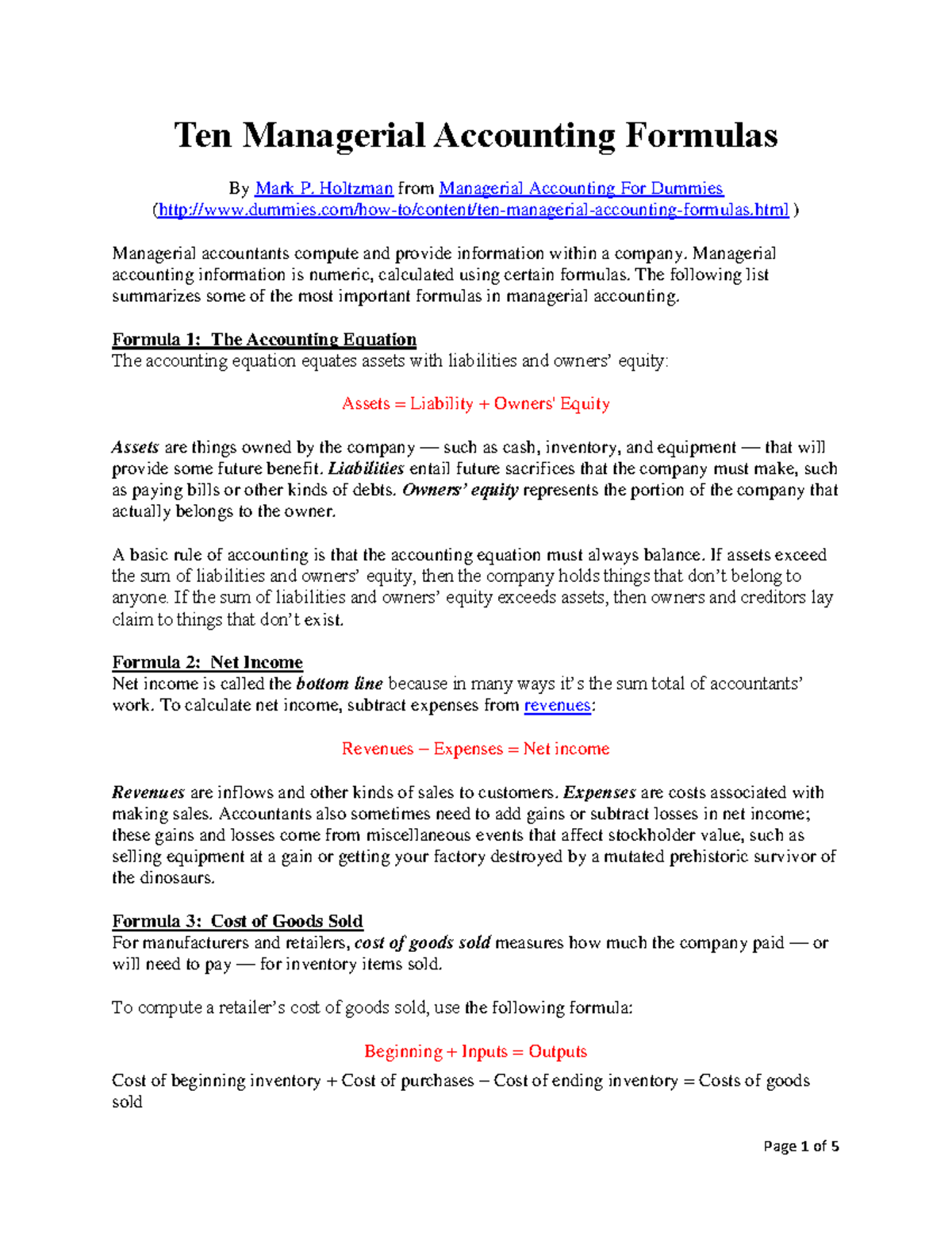 Managerial Accounting Formulas Overview (ACCT 101) - Studocu