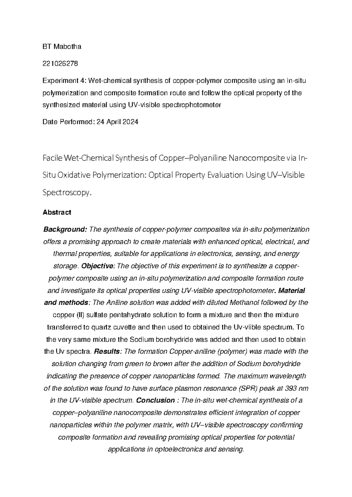 BT Mabotha 221026278 Experiment 4: Wet-Chemical Synthesis of Copper ...