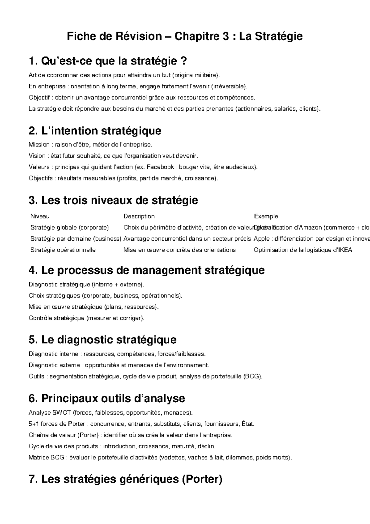 Fiche de Révision Chapitre 3 : La Stratégie - Mr Makita - Studocu