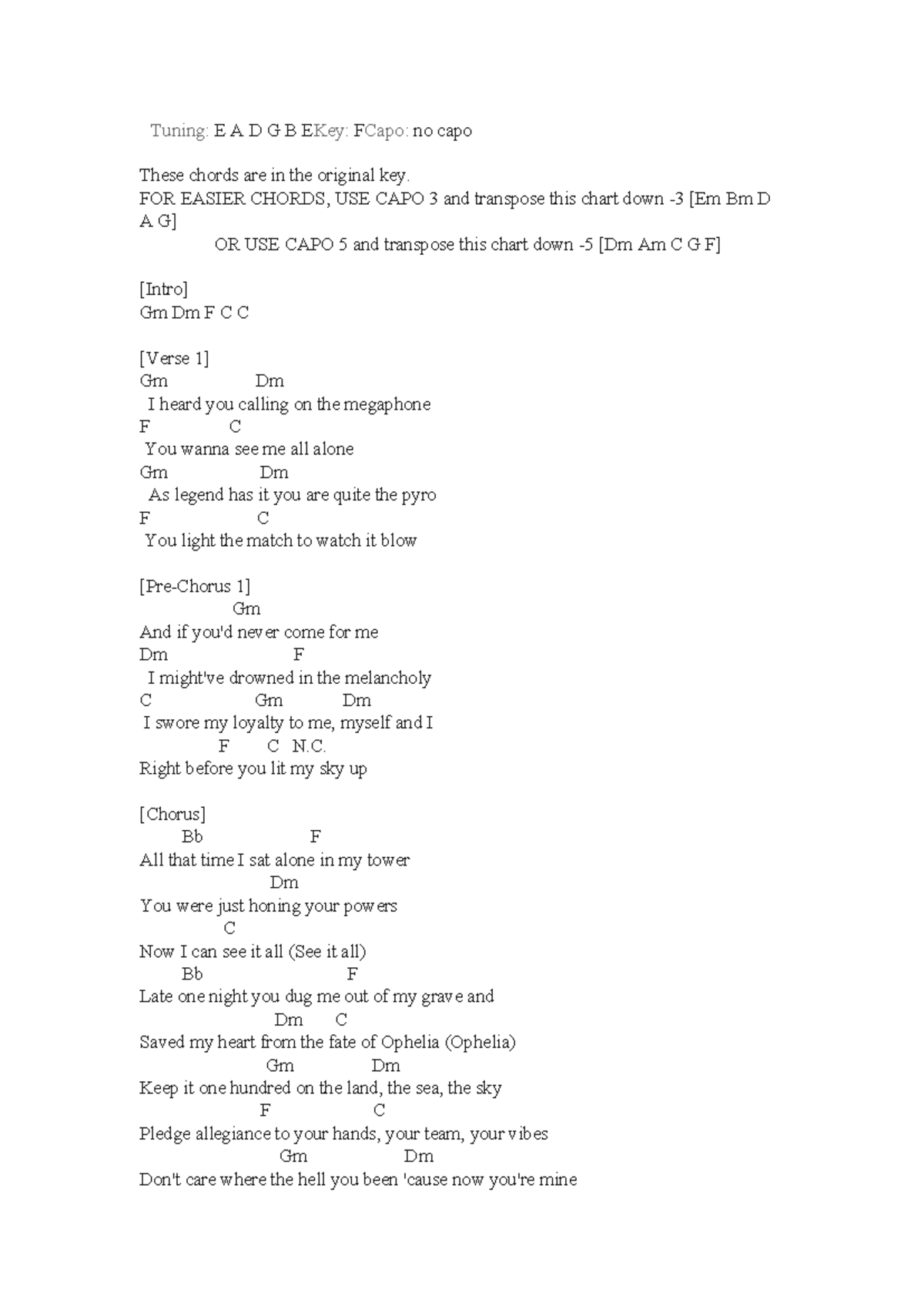 The Fate of Ophelia: Chords & Lyrics for EADGBE (No Capo) - Studocu