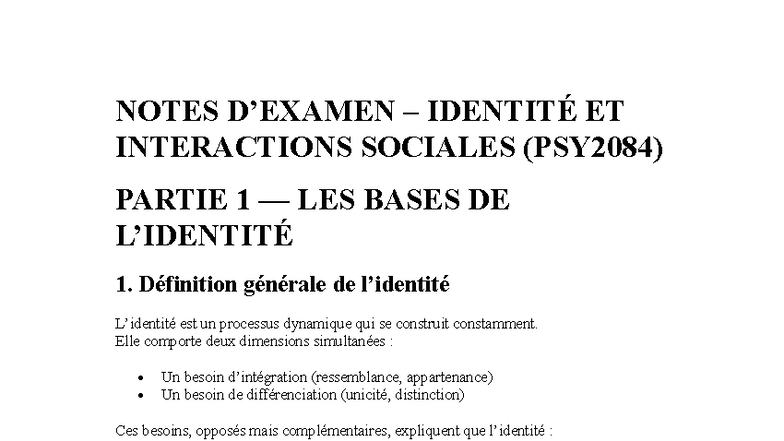 Notes Intra PSY2084 : Identité et Interactions Sociales - Studocu
