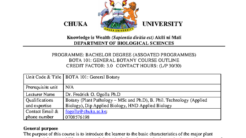 BOTA 101: General Botany Course Outline and Lecture Notes 2024 - Studocu