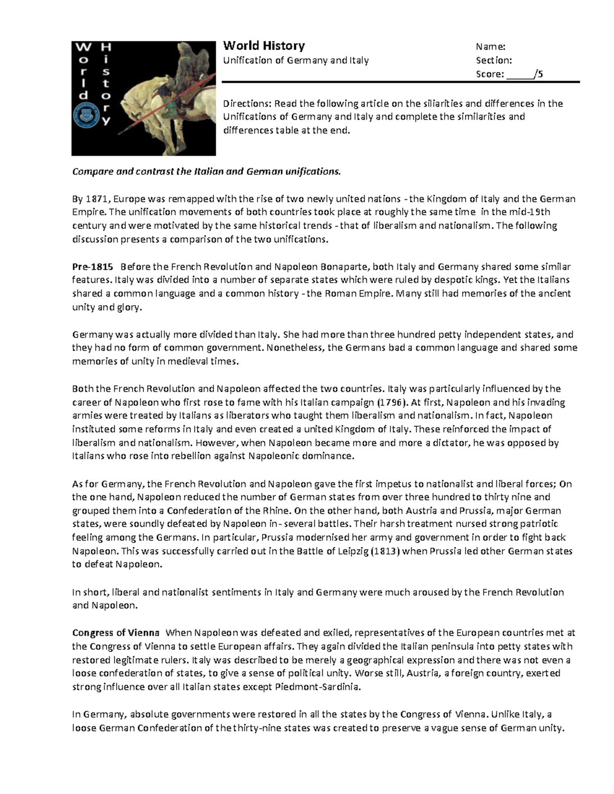 Compare and contrast german and italian unification - World History ...