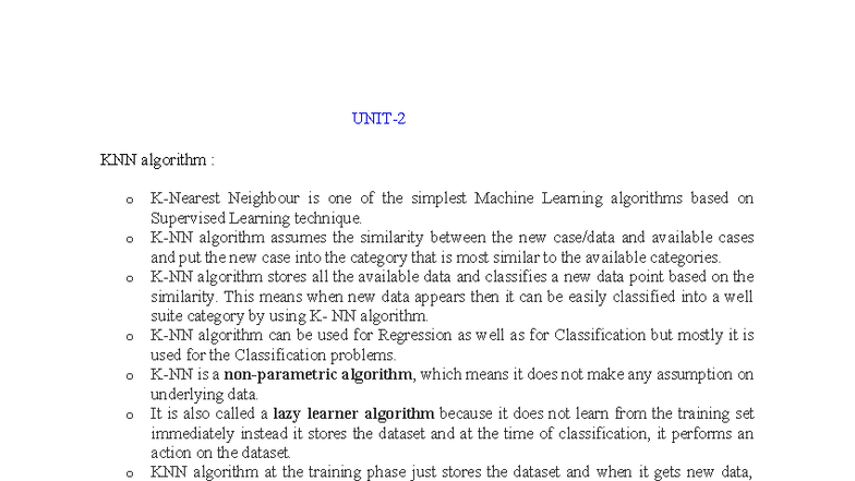 KNN & Regression Analysis: ML Unit-2 Study Notes - Studocu