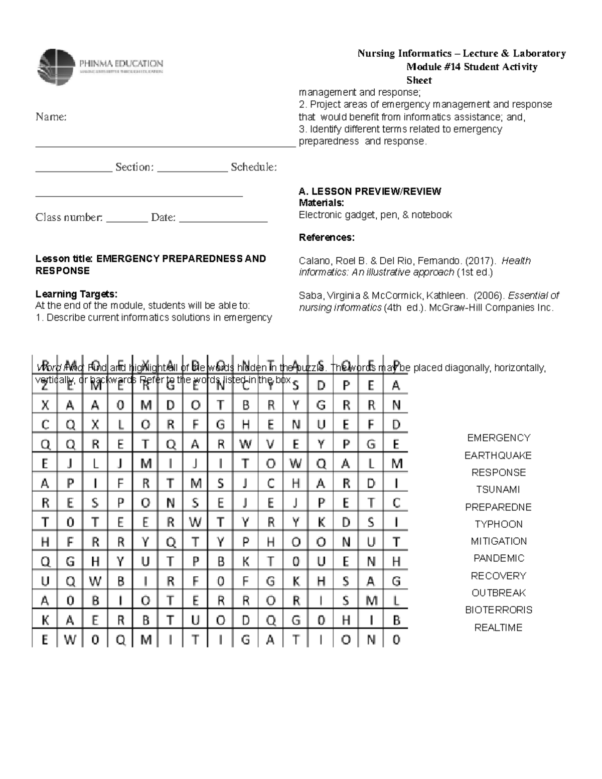 NURSING INFORMATIC 14: Emergency Preparedness & Response Lesson Plan - Studocu