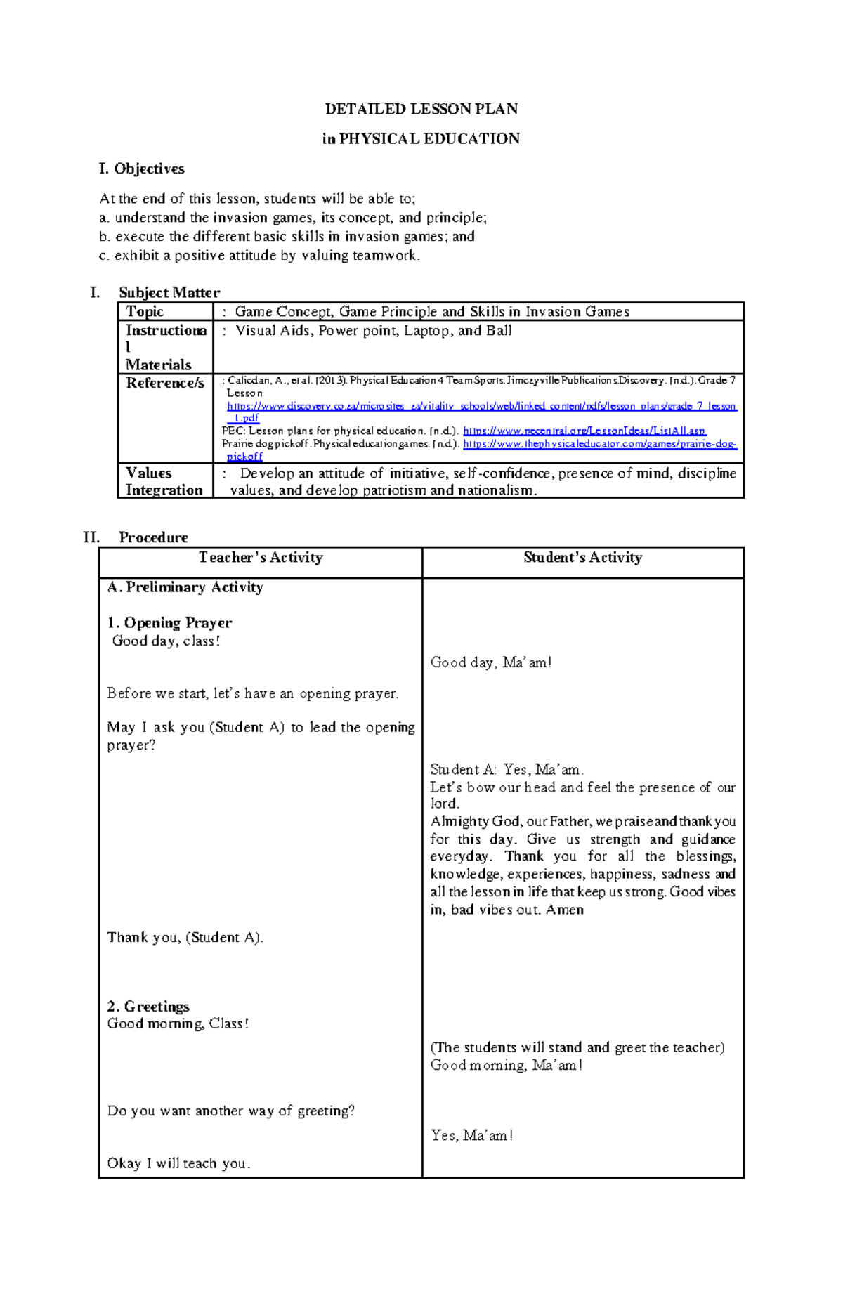 Invasion Games DLP: Comprehensive Lesson Plan for PE Class - Studocu