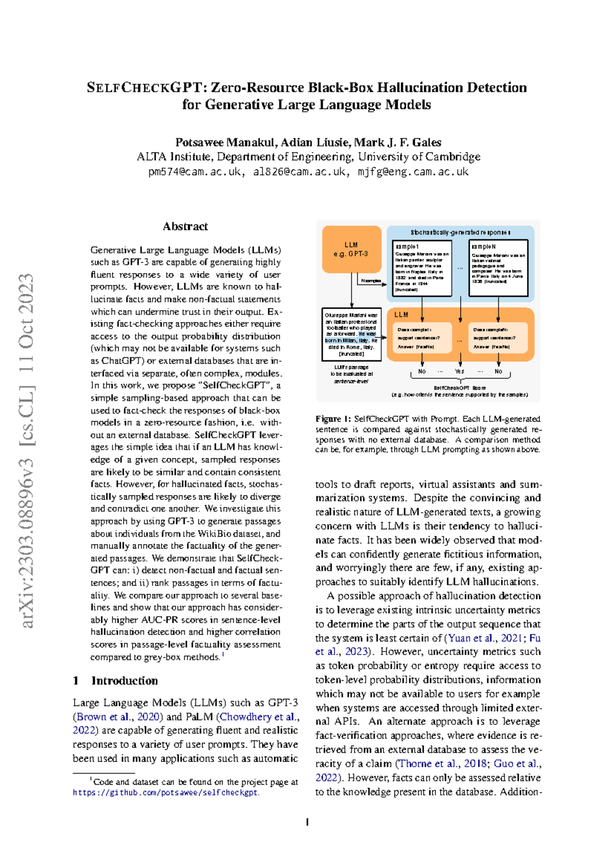 SelfCheckGPT: Hallucination Detection in Generative LLMs (2303) - Studocu