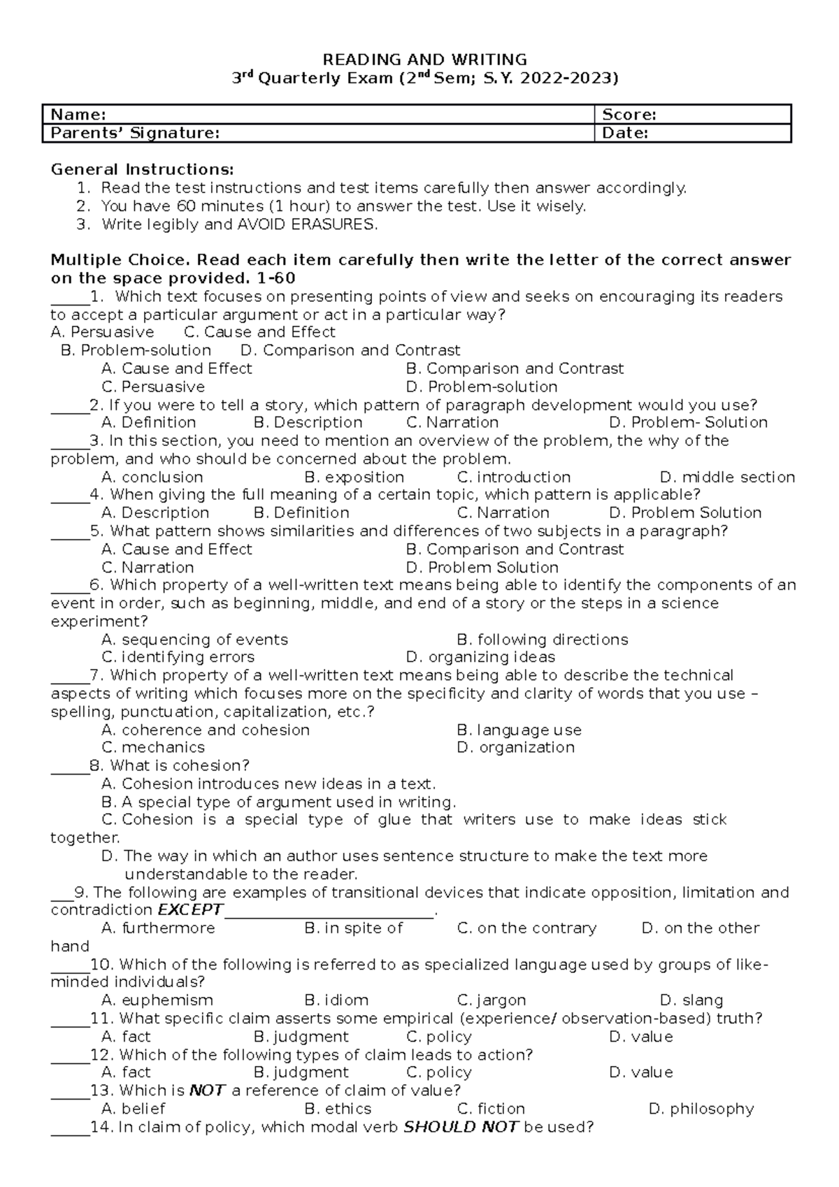 3rd Quarterly Exam Reading And Writing 2nd Sem Sy 2022 2023 Studocu