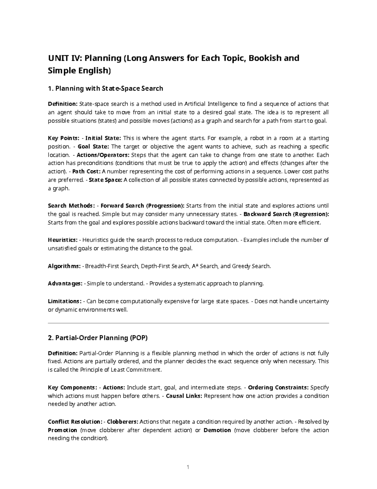 UNIT IV: Planning in AI - Long Answers & Key Concepts - Studocu