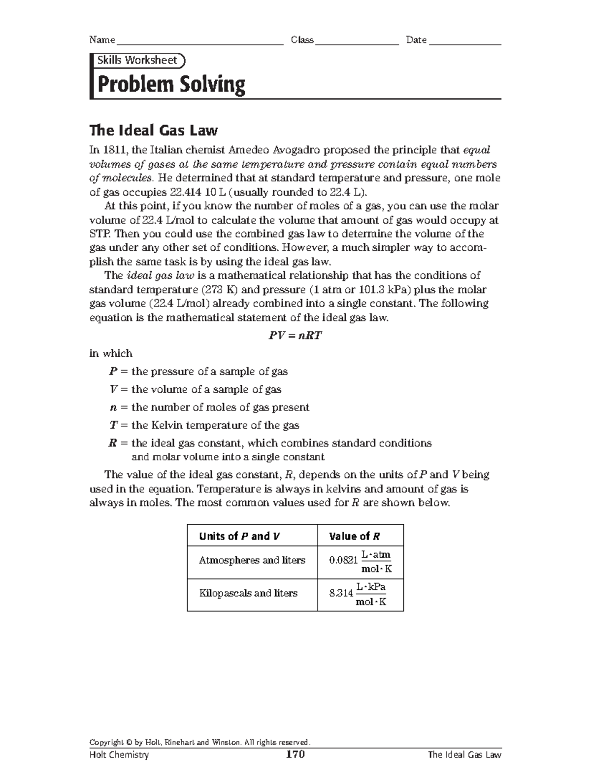 Ideal Gas Law Overview - Holt Chemistry 170 Notes - Studocu