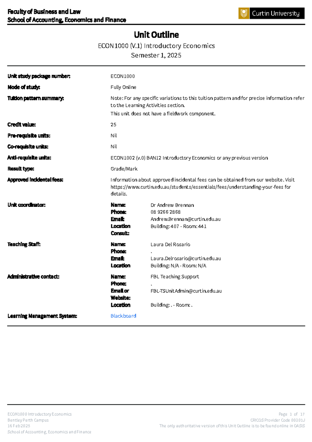 ECON1000 Unit Outline: Introductory Economics S1 2025 - Bentley Campus ...