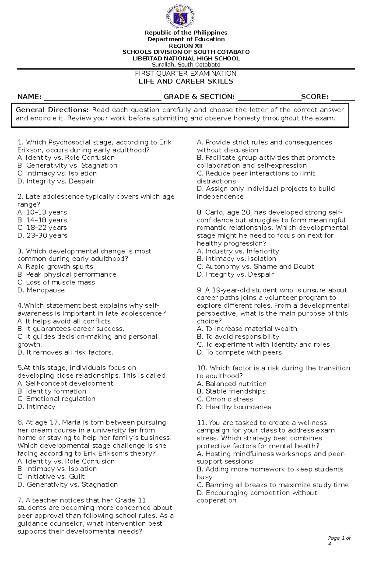 FQ Exam: Life and Career Skills Assessment for Grade 11 - Studocu