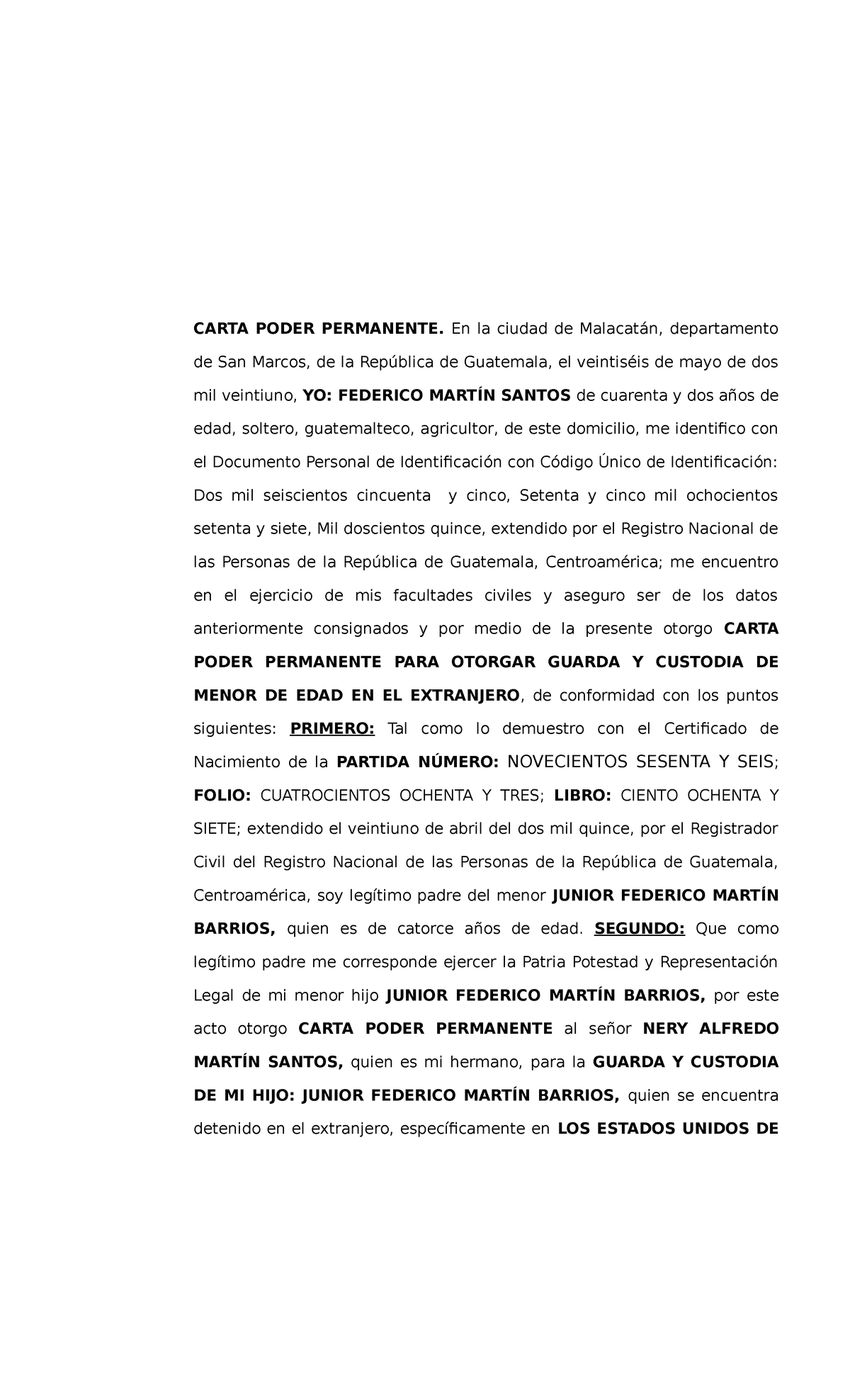 28. Carta poder para guarda y custodia de menor en el extranjero ...