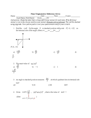 PT quiz 4 - Plane Trigonometry - Plane Trigonometry Quiz 4 (Set A) Name ...