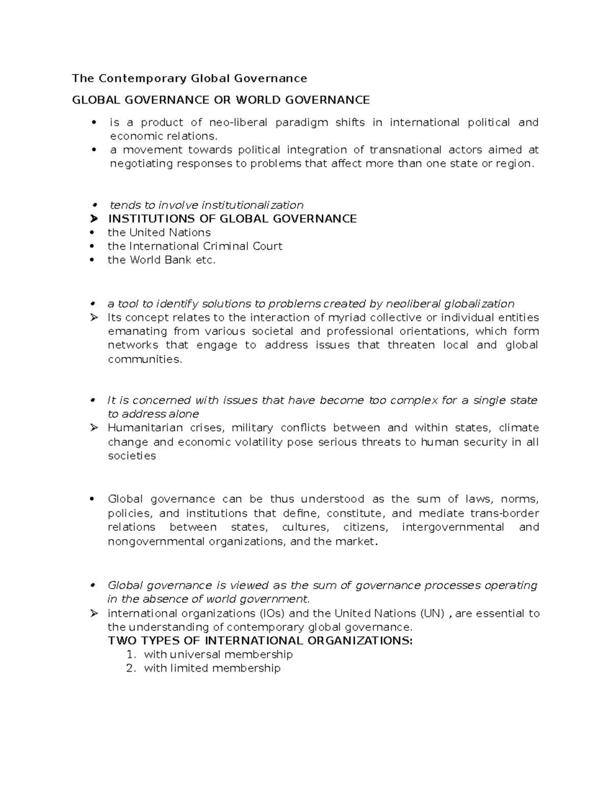 The Contemporary Global Governance - a movement towards political ...