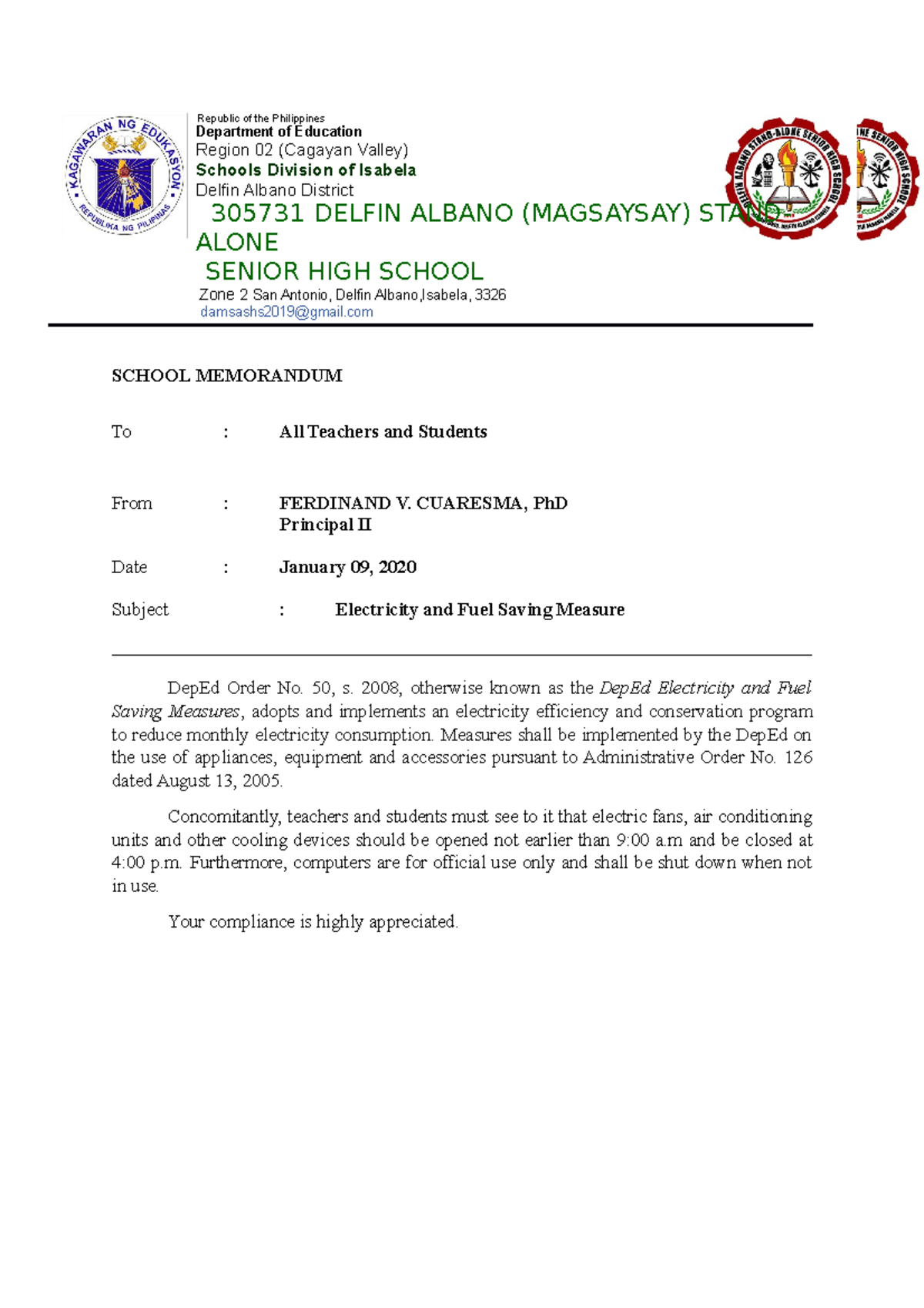 Memo on Electricity and Fuel Saving Measures - DepEd Order No. 50 - Studocu