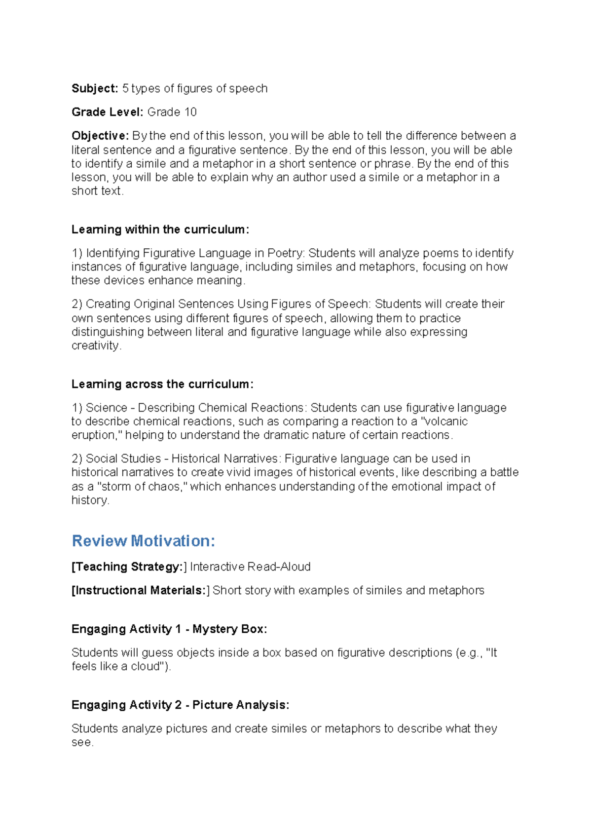Lesson Plan: 5 Types of Figures of Speech (Grade 10) - Studocu