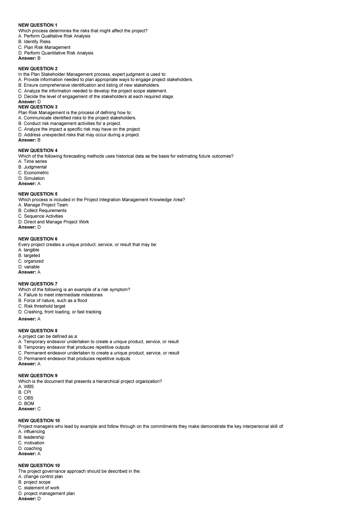 Q and A - PMI Method: Project Management Processes and Techniques - Studocu