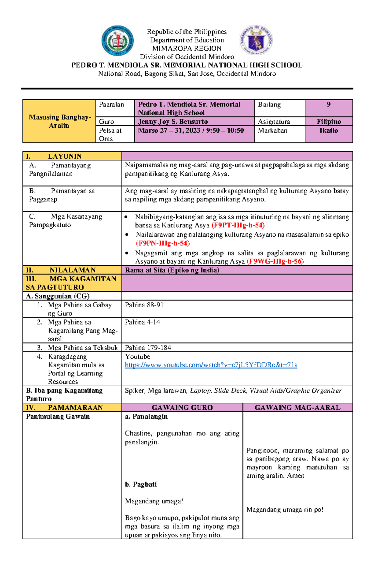 Detailed Lesson Plan on Epiko (F9PT-IIIg-h-54) for Grade 9 - Studocu