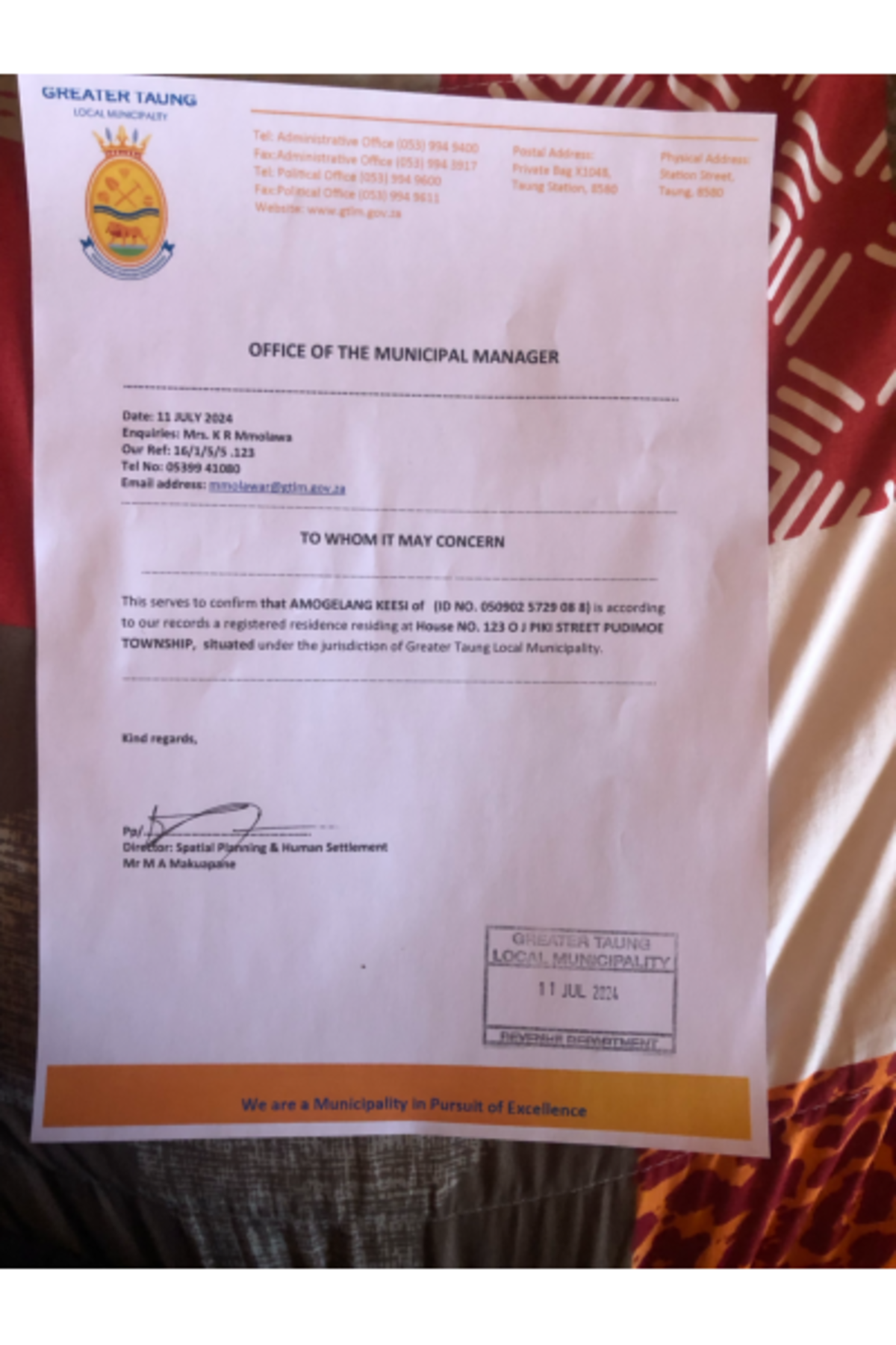 Prof of res - I want to study - GREATER TAUNG LOCAL MUNICIPALITY Tel ...