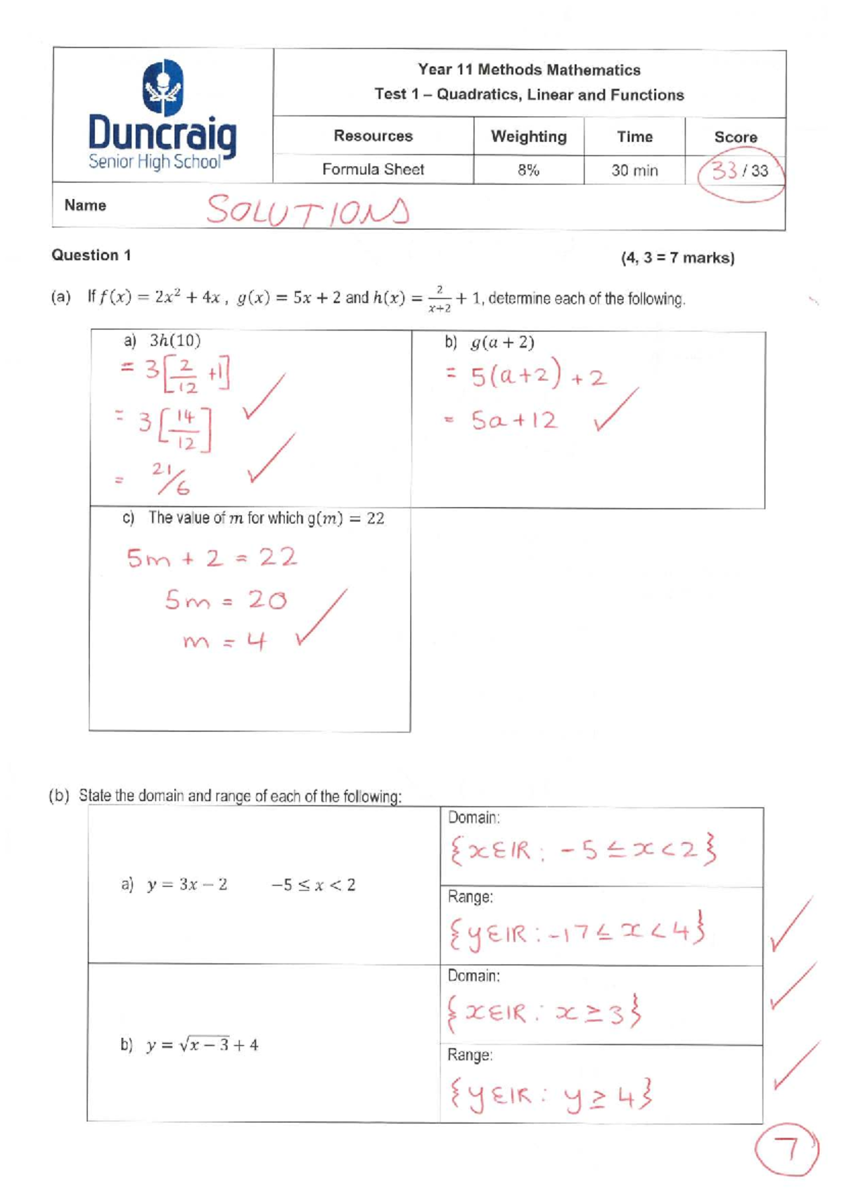 Year 11 Methods Mathematics Test 1 Solutions - Quadratics & Functions ...