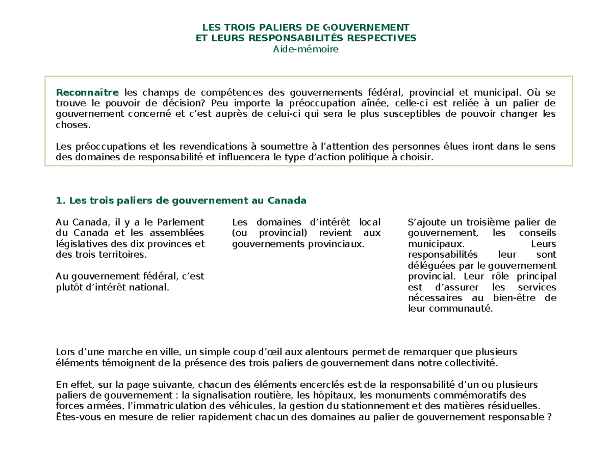 Tableau des Compétences des Trois Paliers Gouvernementaux au Canada ...