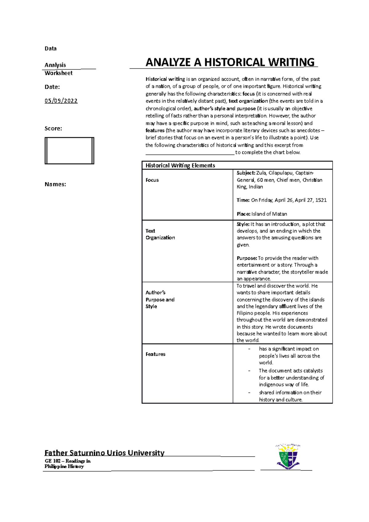 Document Analysis Worksheet Historical writing - Data Analysis ...