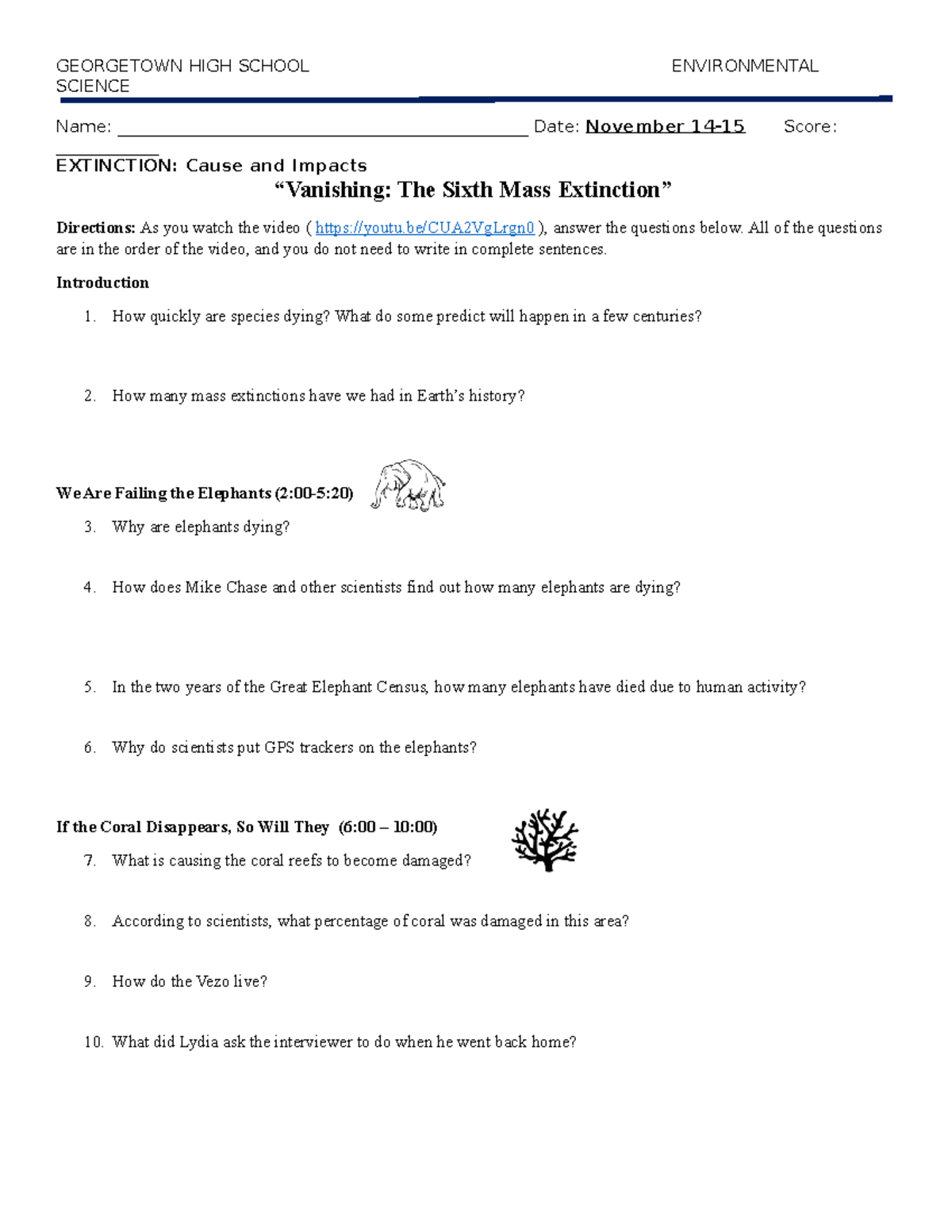 GEORGETOWN HS ENV SCI: Mass Extinction Video Analysis Notes - Studocu