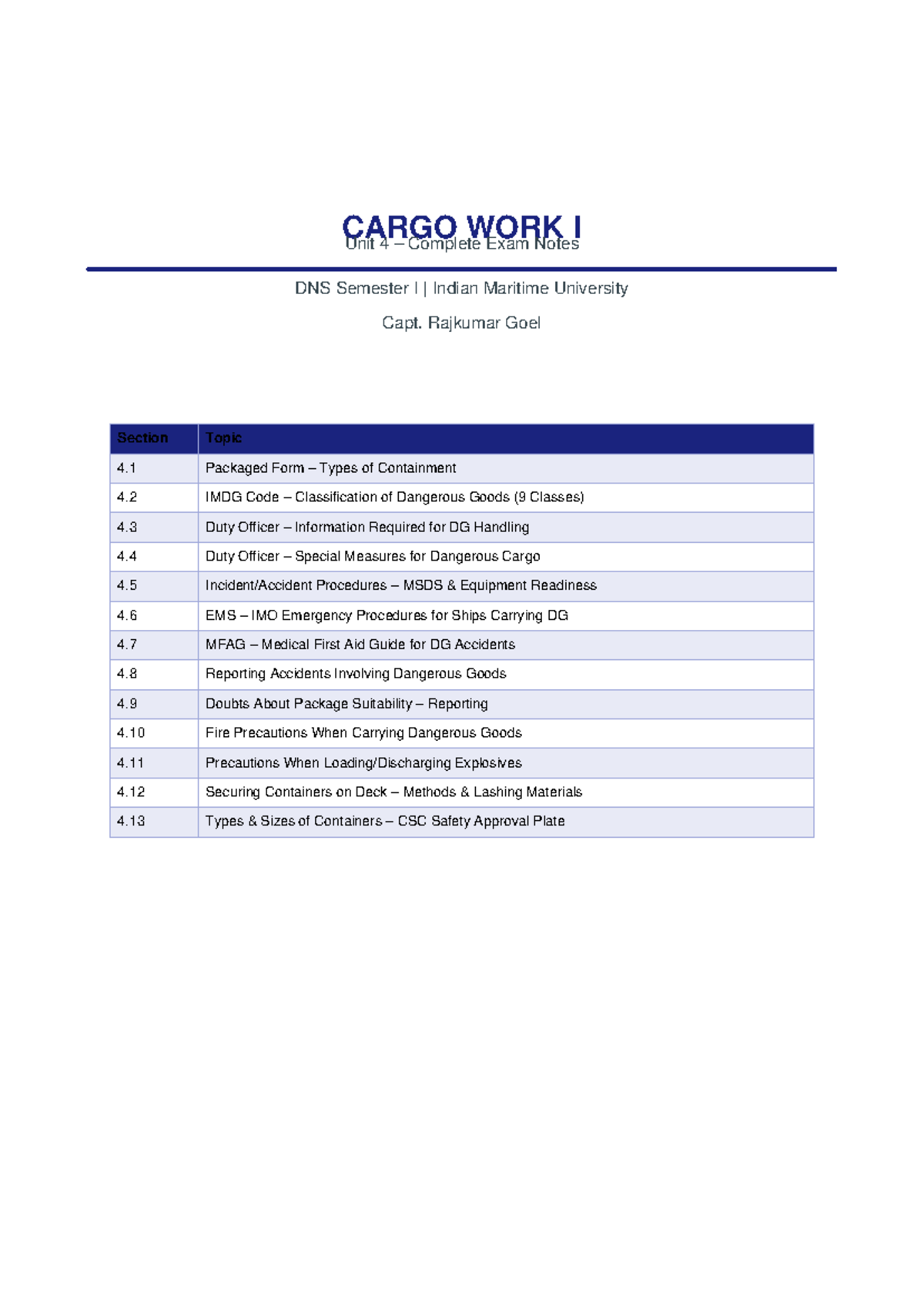 Unit 4 CARGO WORK I Exam Notes - IMDG Code & DG Handling Procedures ...